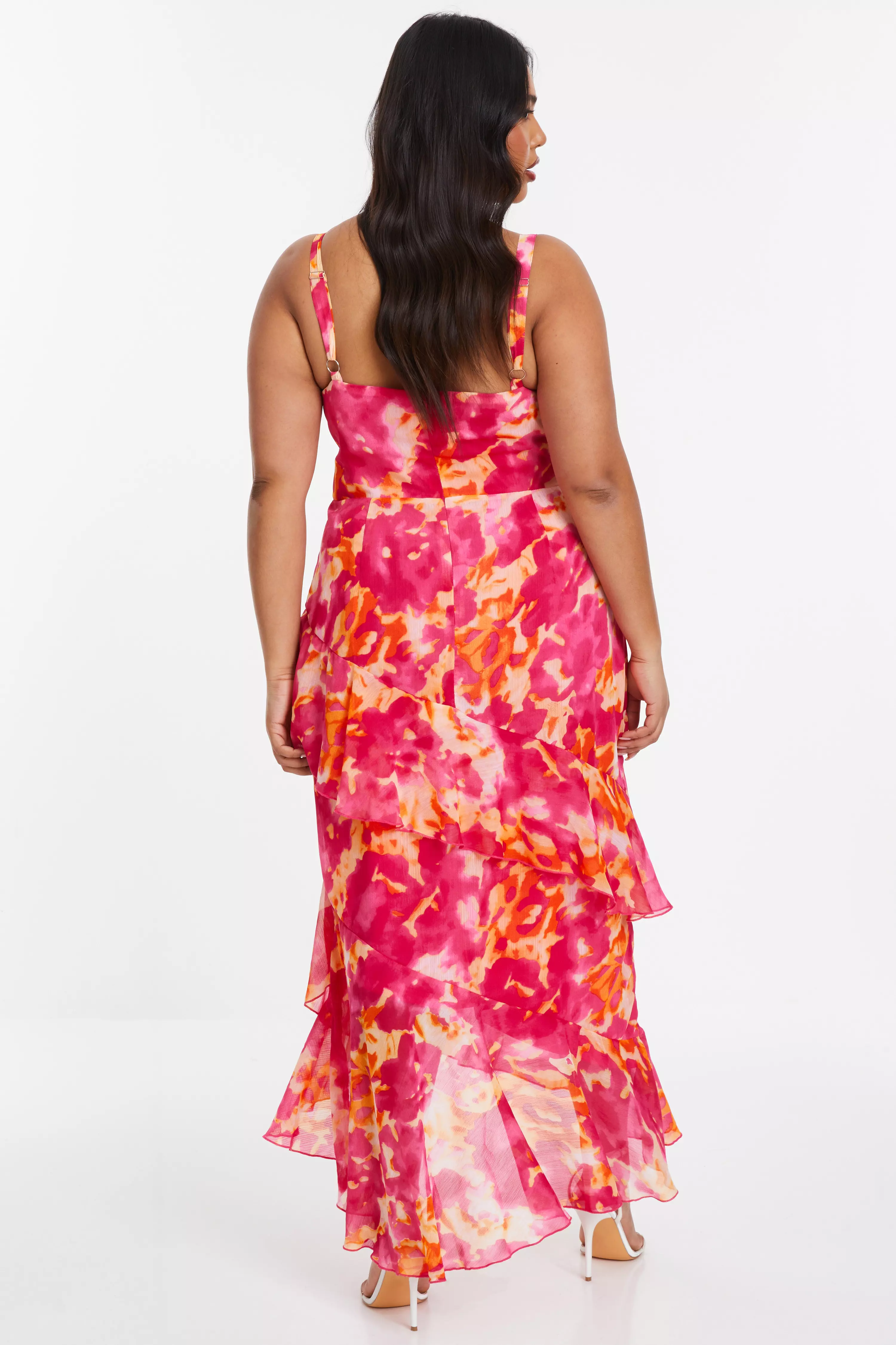 Curve Pink Smudge Print Ruffle Midi Dress - QUIZ Clothing