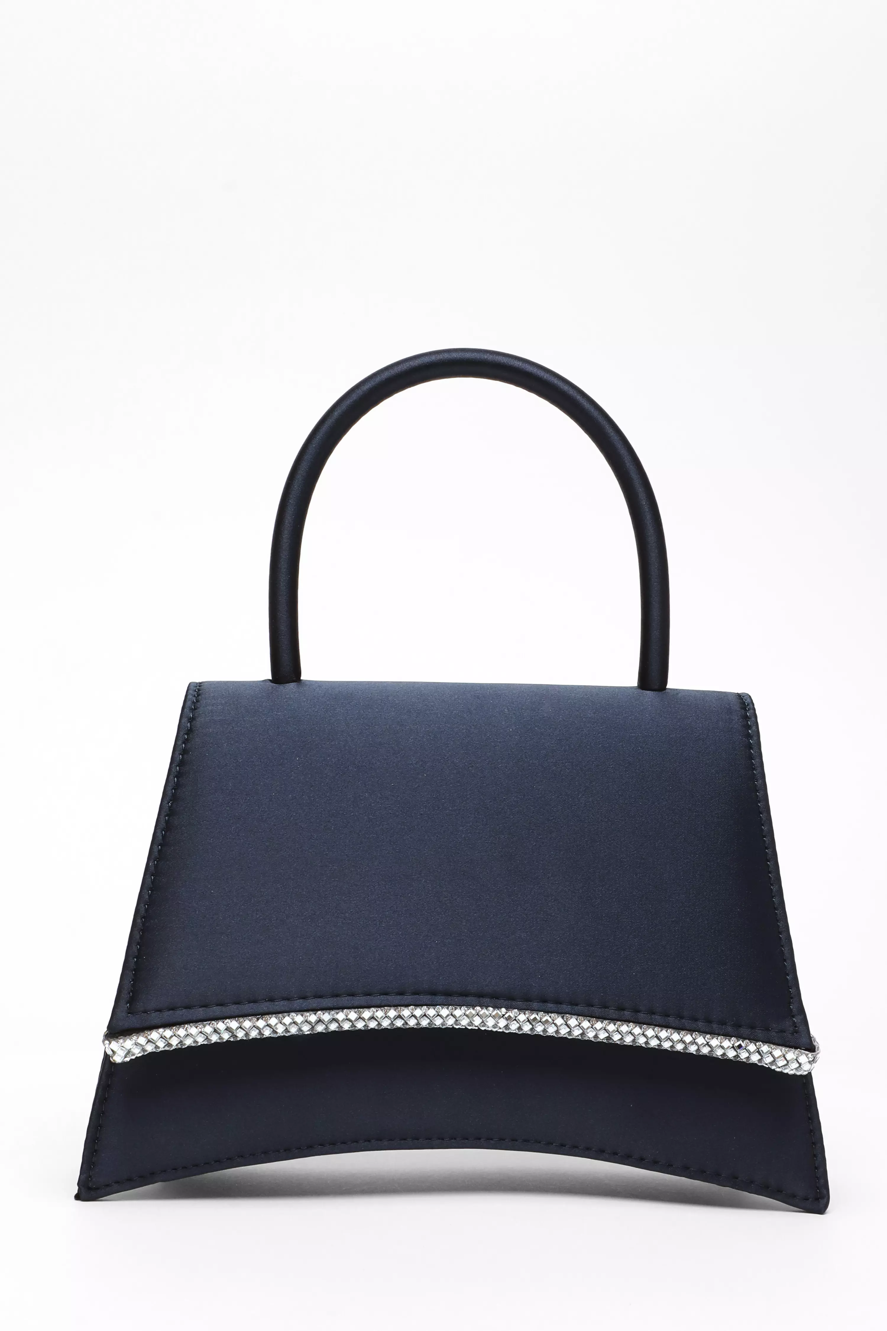 Navy Satin Diamante Trim Mini Tote Bag - QUIZ Clothing