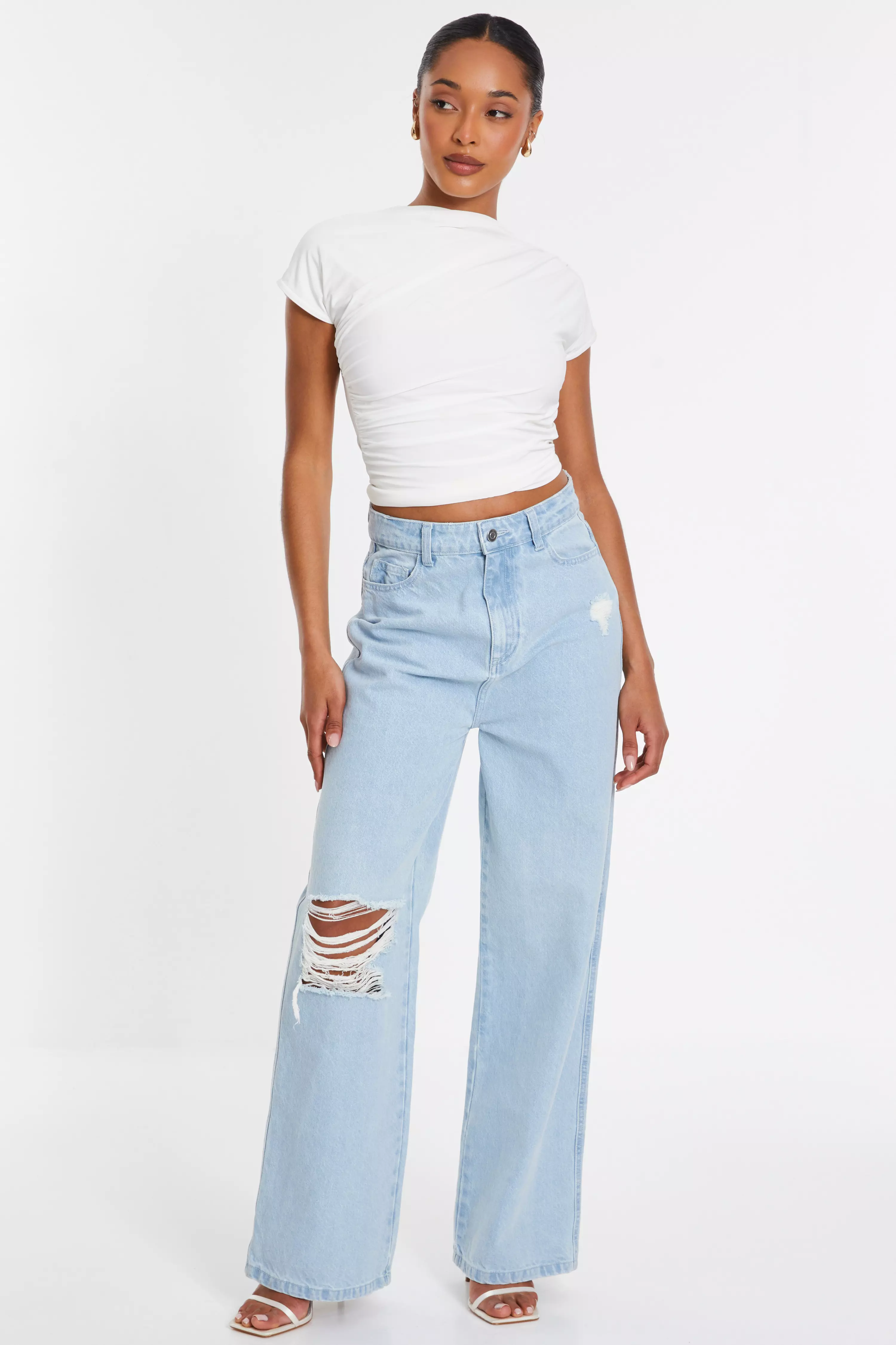 Light Blue Rip Denim Wide Leg Jeans - QUIZ Clothing