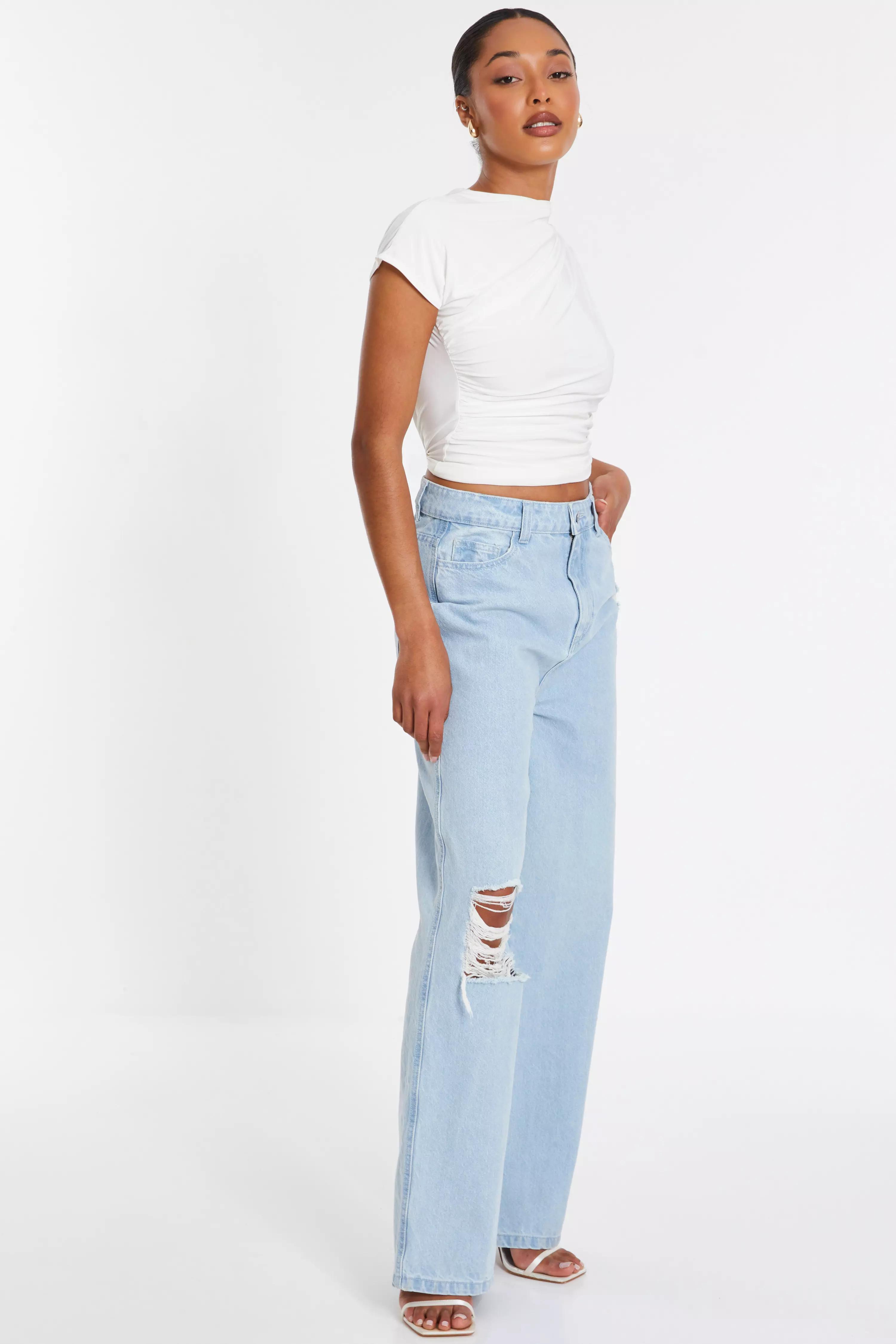 Light Blue Rip Denim Wide Leg Jeans - QUIZ Clothing