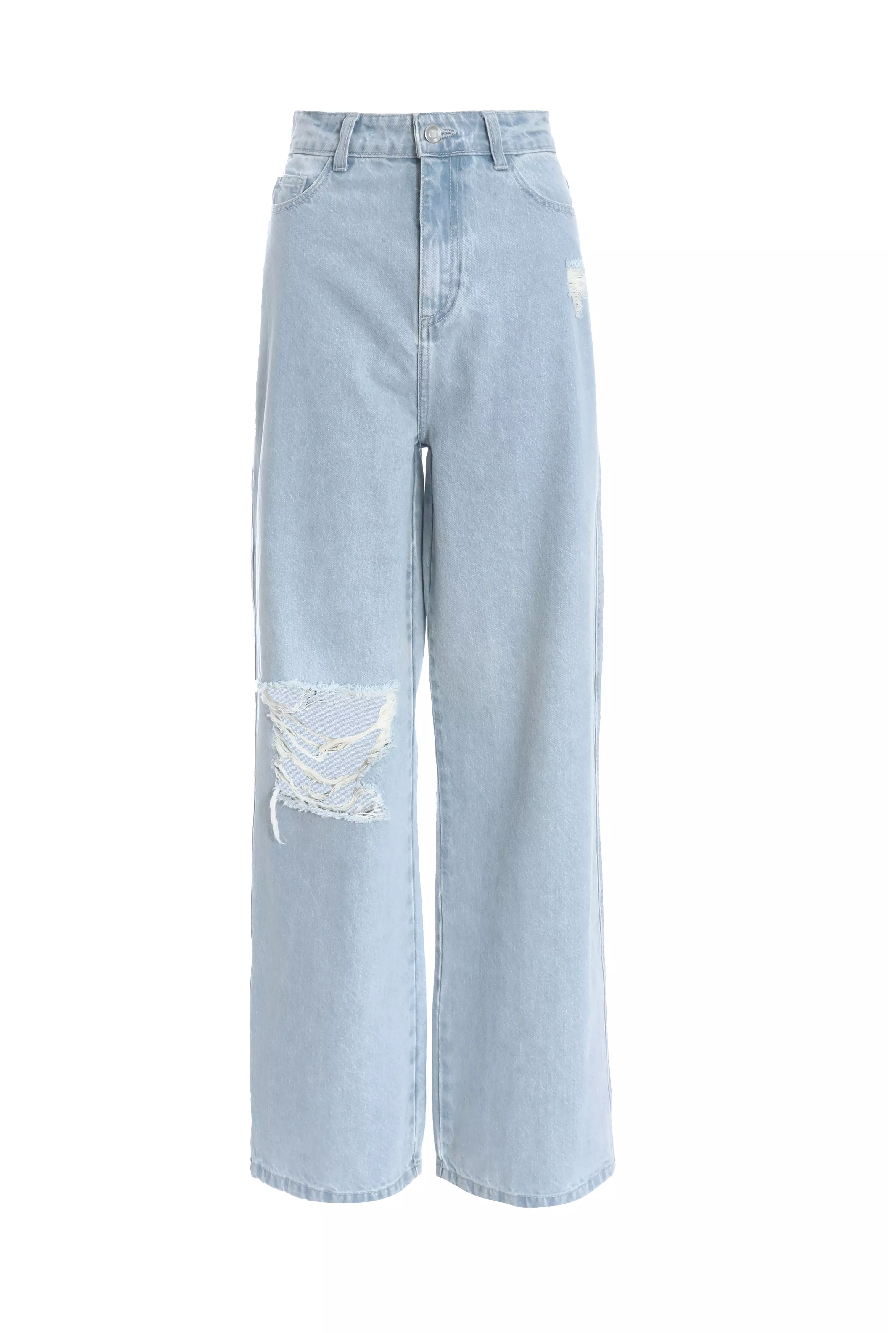Light Blue Rip Denim Wide Leg Jeans - QUIZ Clothing