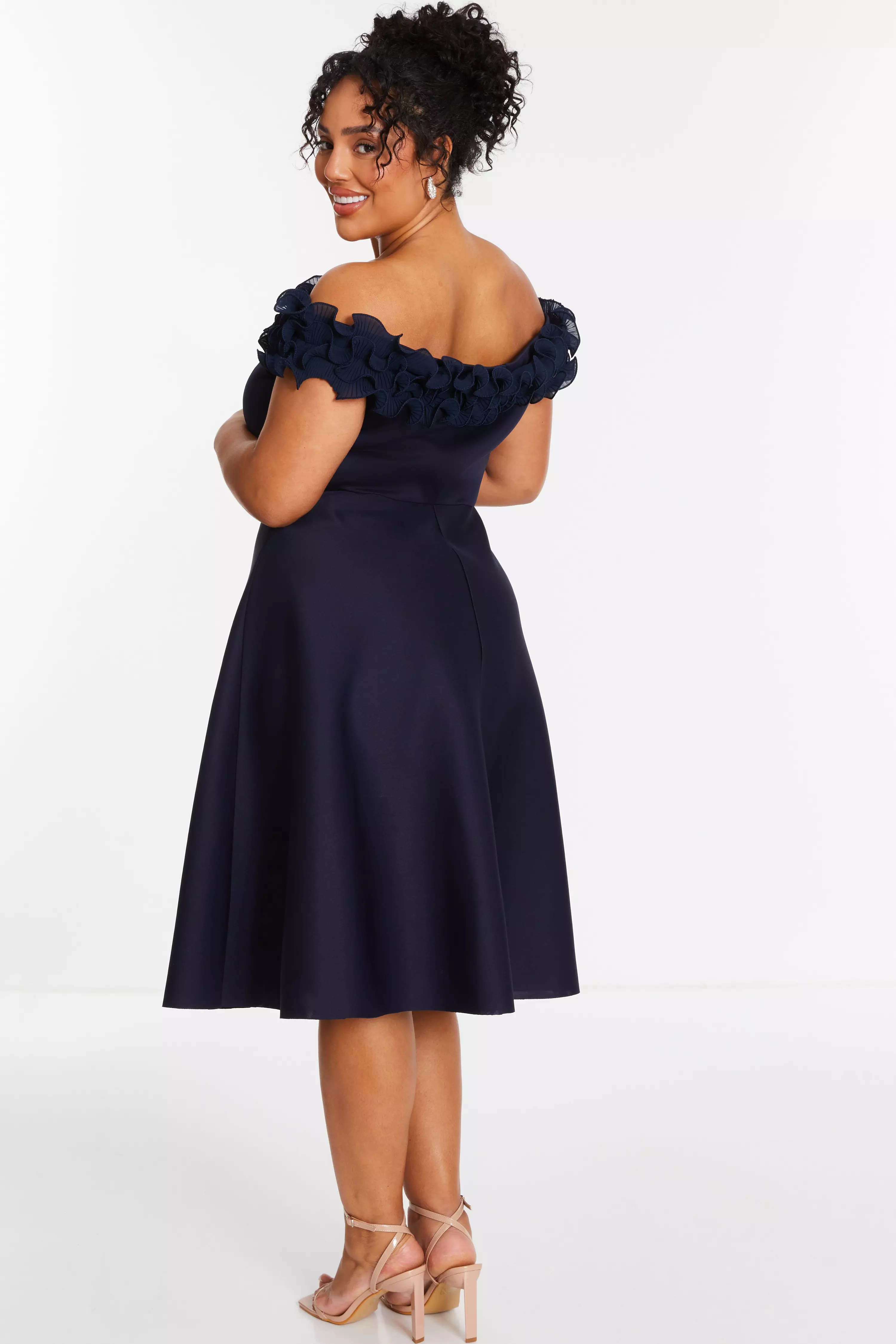 Curve Navy Bardot Ruffle Skater Midi Dress Quiz Clothing