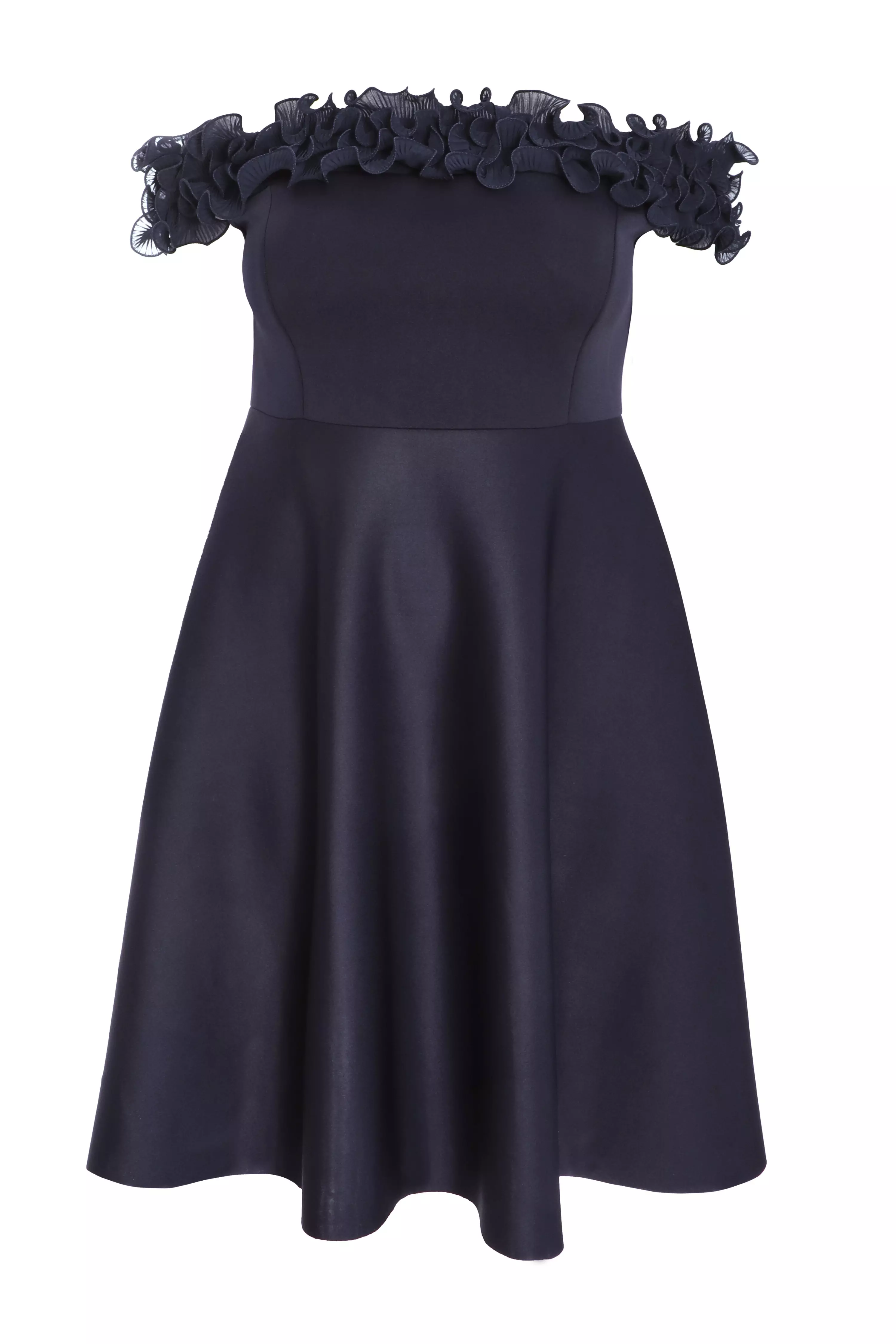 Curve Navy Bardot Ruffle Skater Midi Dress Quiz Clothing