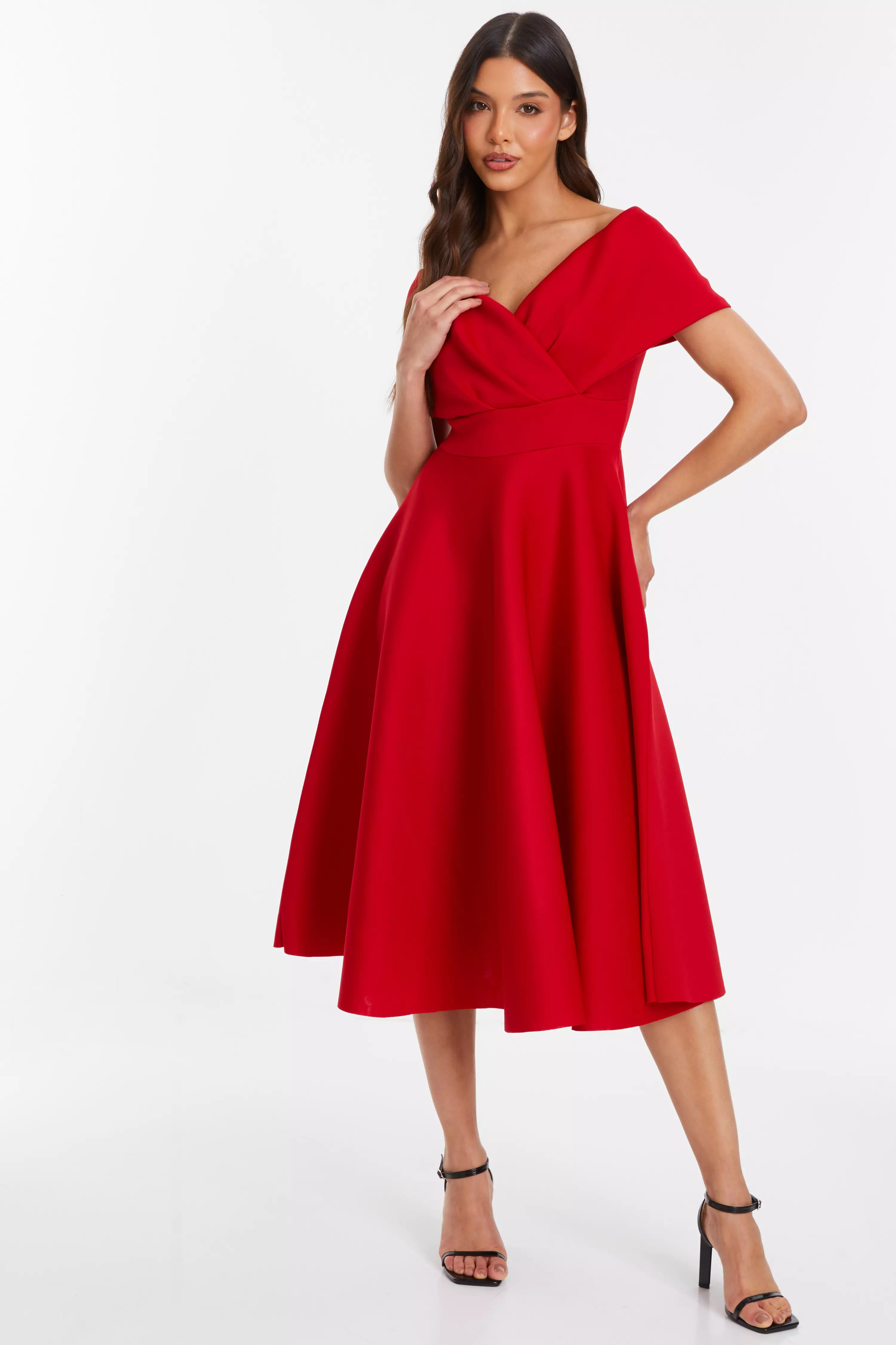 Red Bardot Skater Midi Dress Quiz Clothing