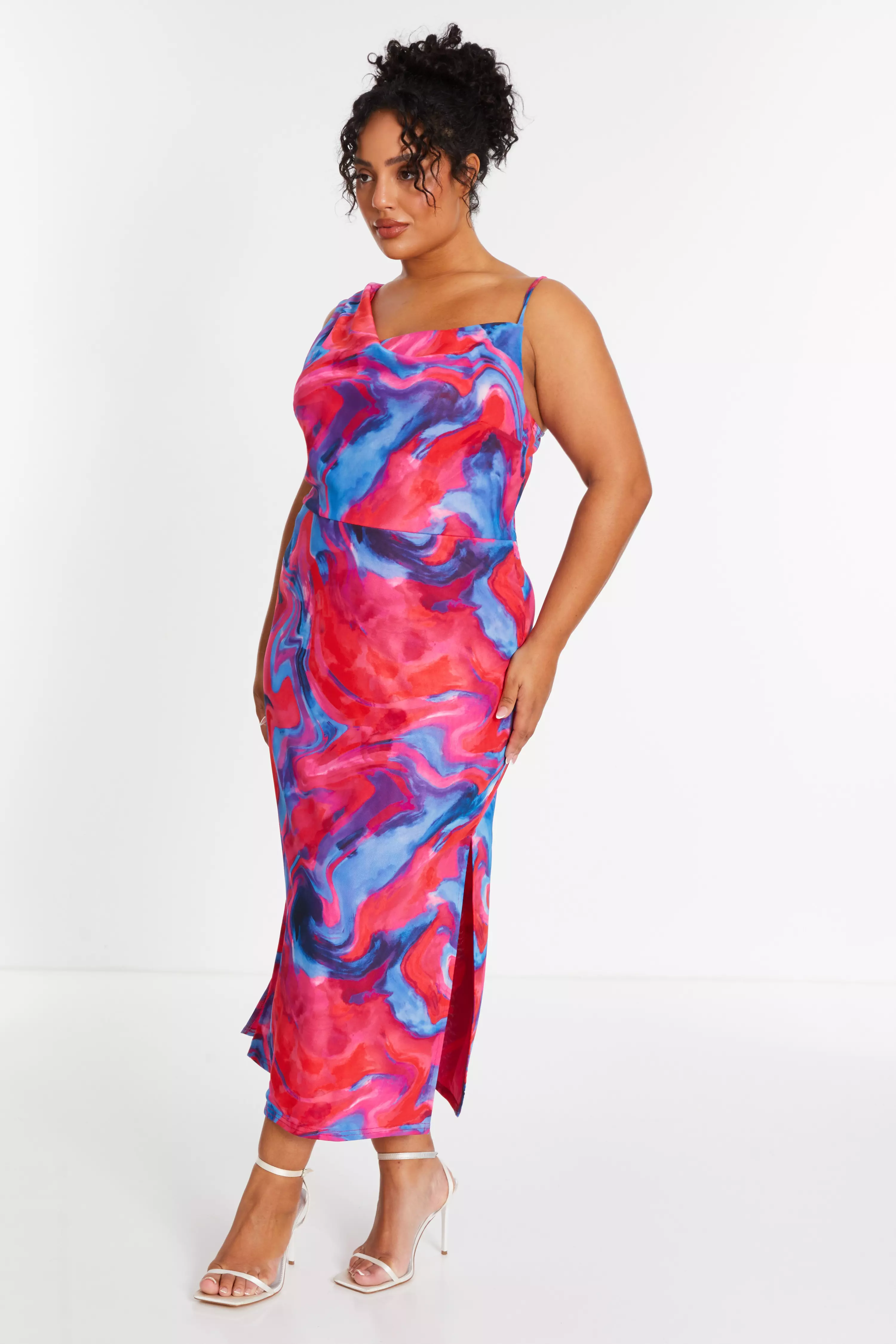 Curve Pink Marble Print Satin Midaxi Dress - QUIZ Clothing