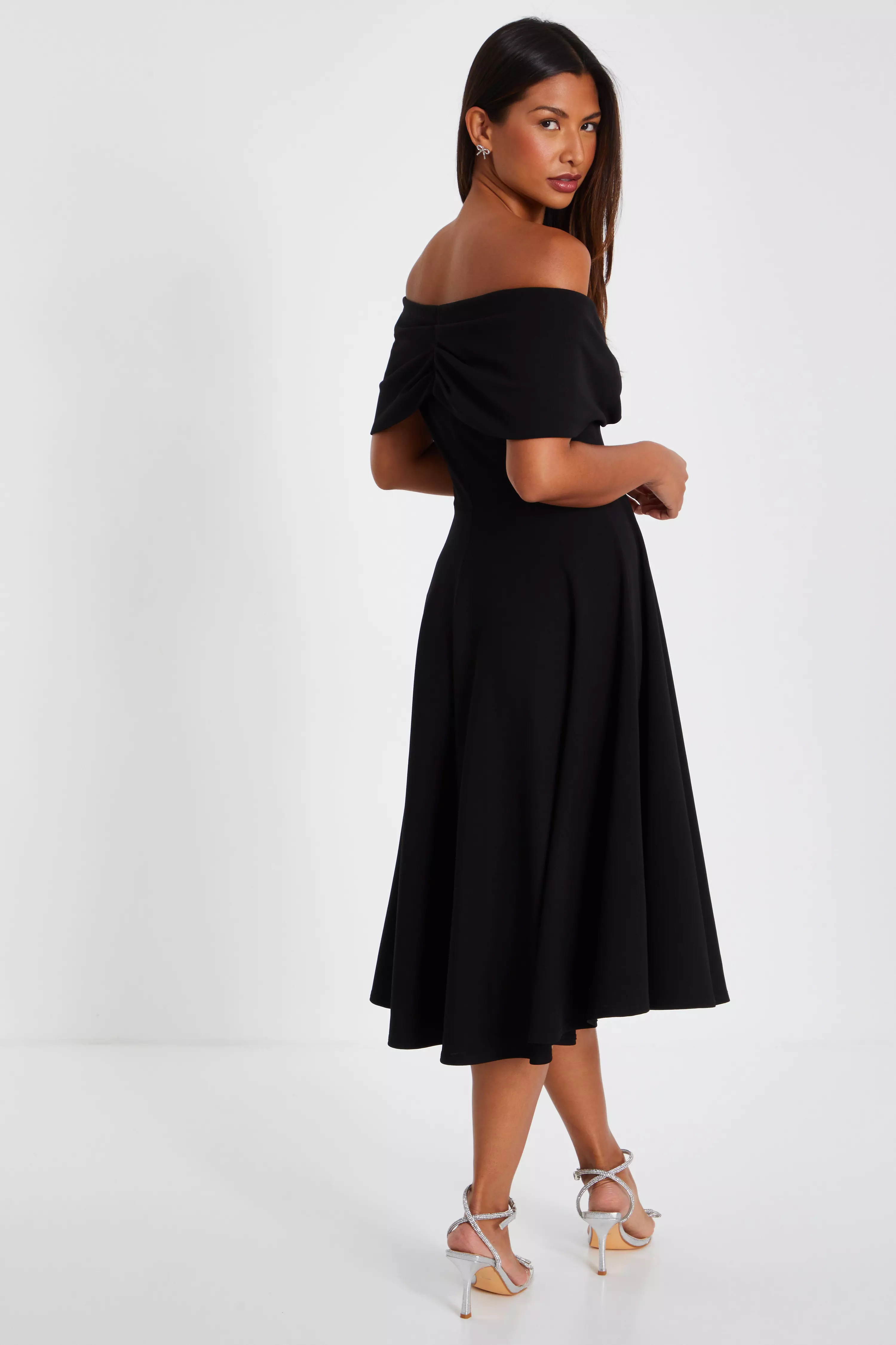 Black Bardot Skater Midi Dress Quiz Clothing
