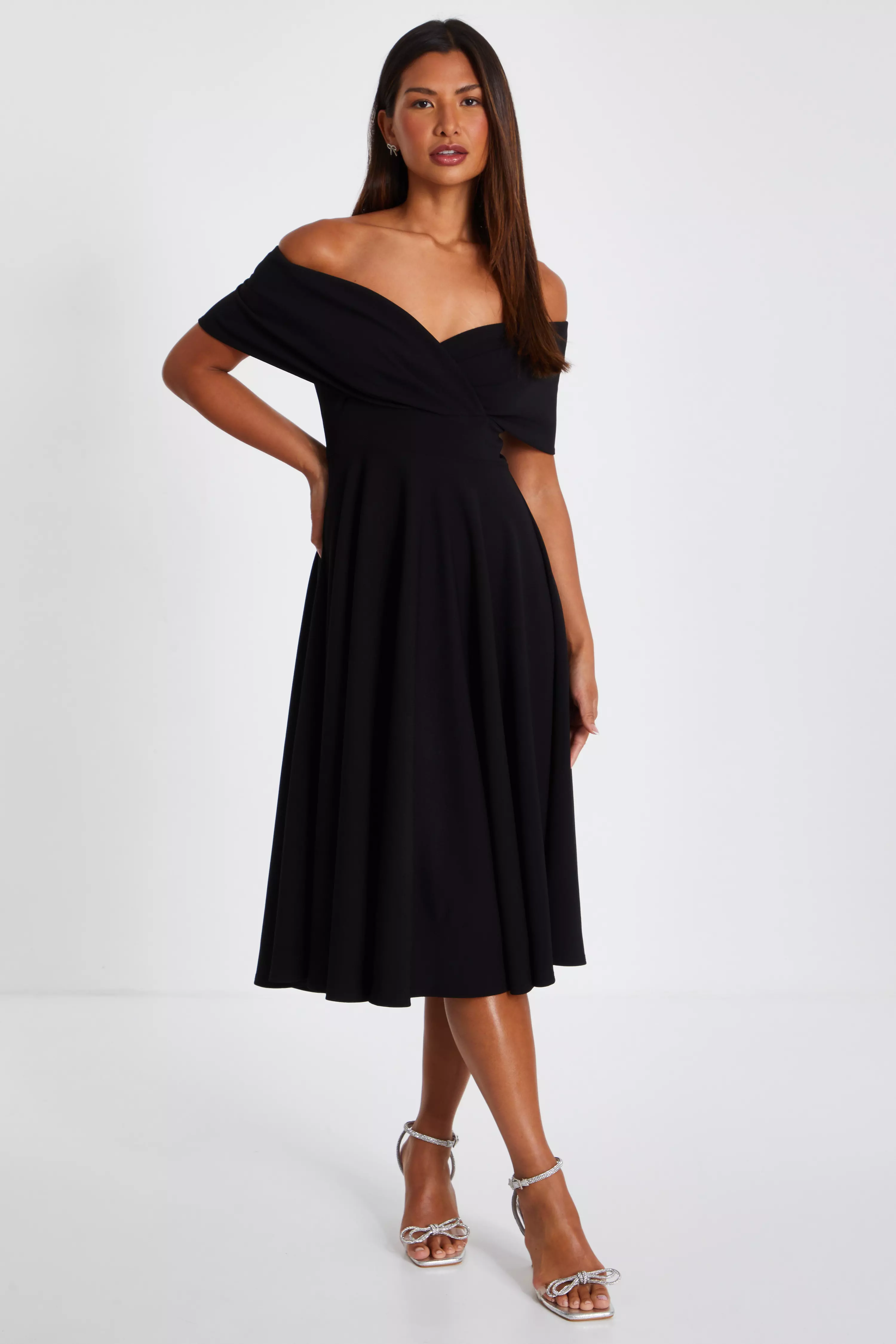 Black Bardot Skater Midi Dress Quiz Clothing