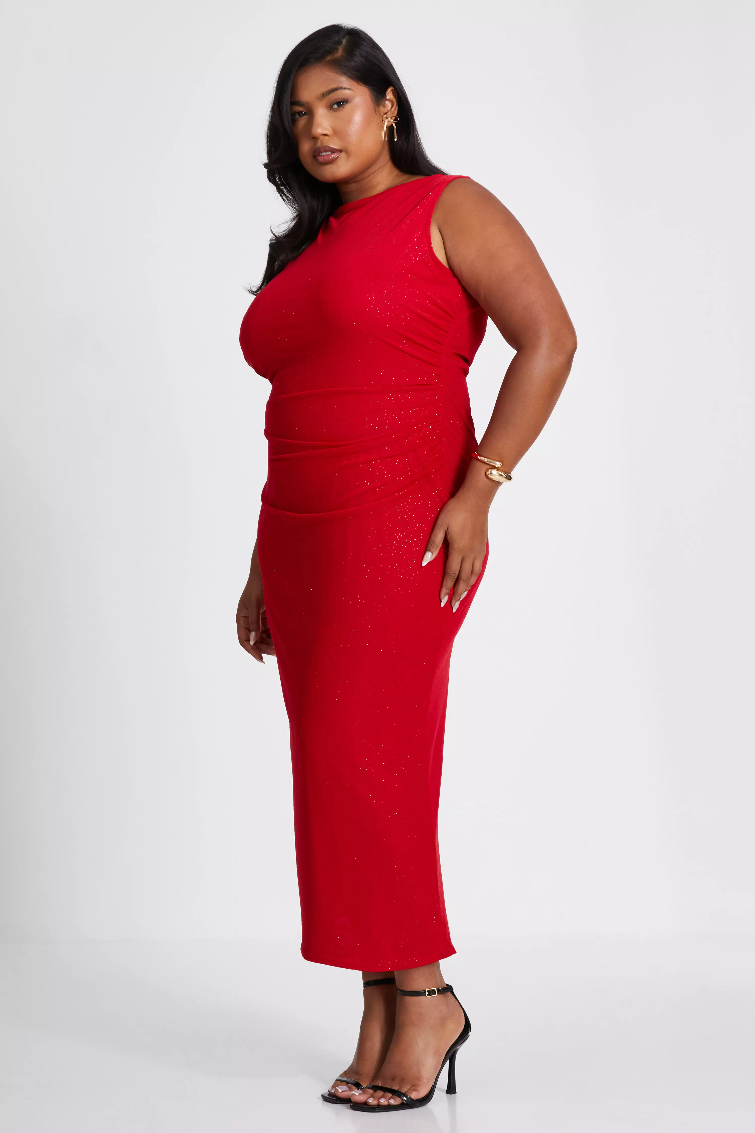 Curve Red Glitter Mesh Midaxi Dress Quiz Clothing