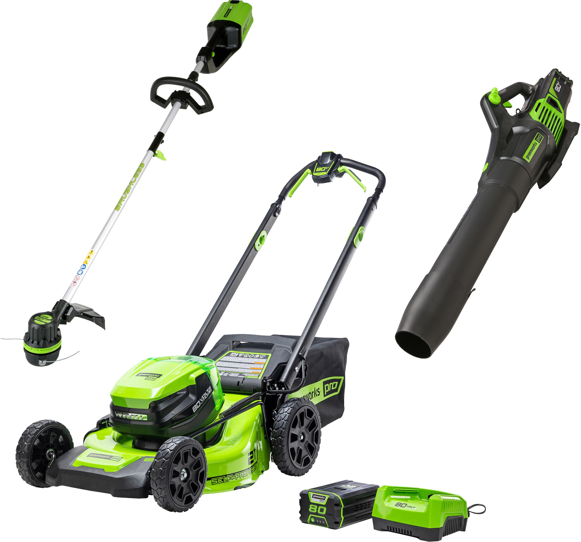 Rent to Own Greenworks 80V 21” Lawn Mower, 13” String Trimmer, and 730 ...