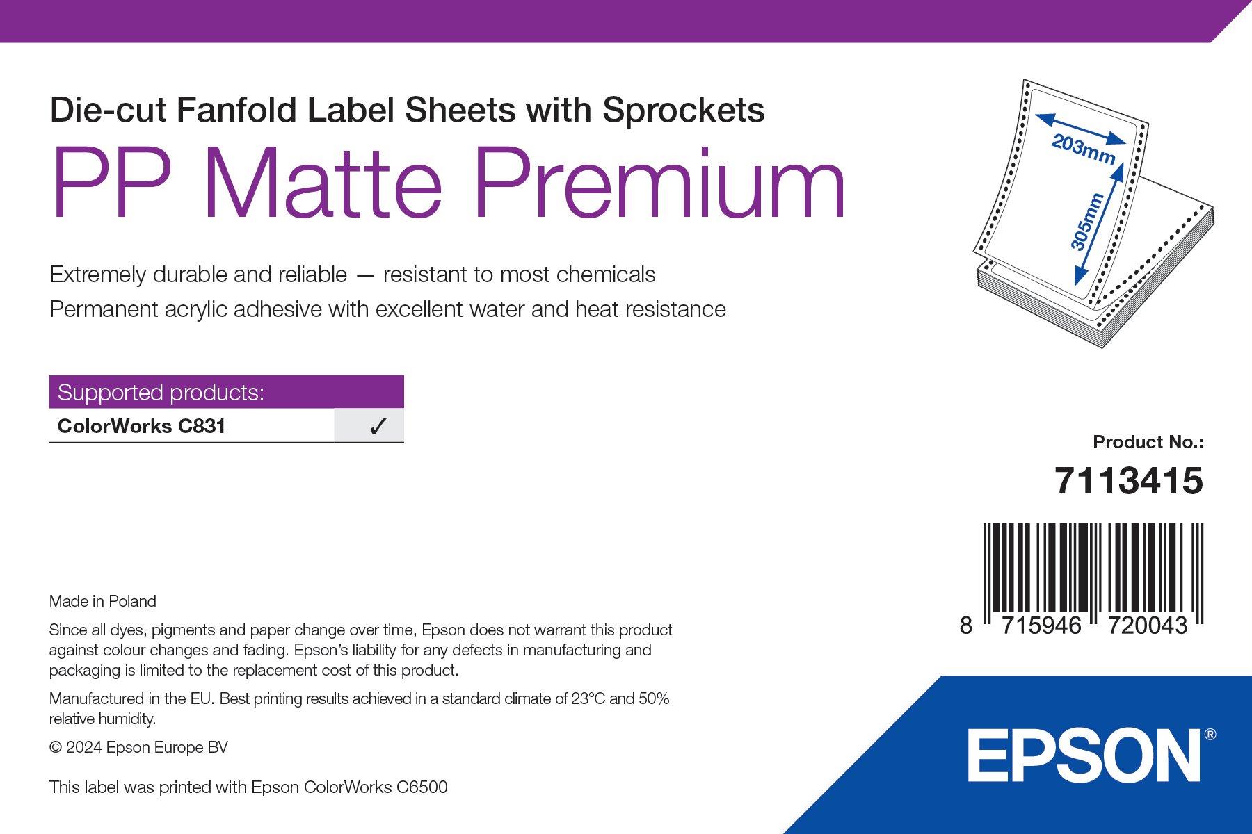 PP Matte Label Premium, Die-cut Fanfold Sheets with Sprockets, 203mm x ...