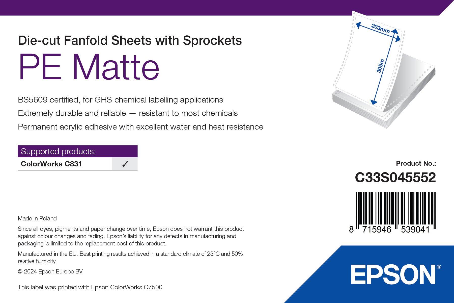 PE Matte Label - Die-cut Fanfold sheets with sprockets: 203mm x 305mm ...