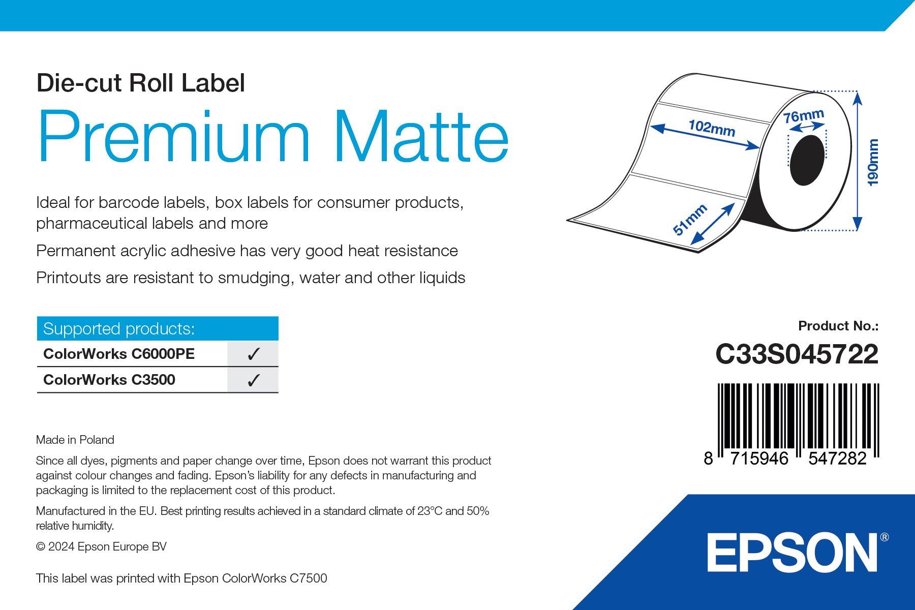 Premium Matte Label - Die-cut Roll: 102mm x 51mm, 2310 labels | Paper ...