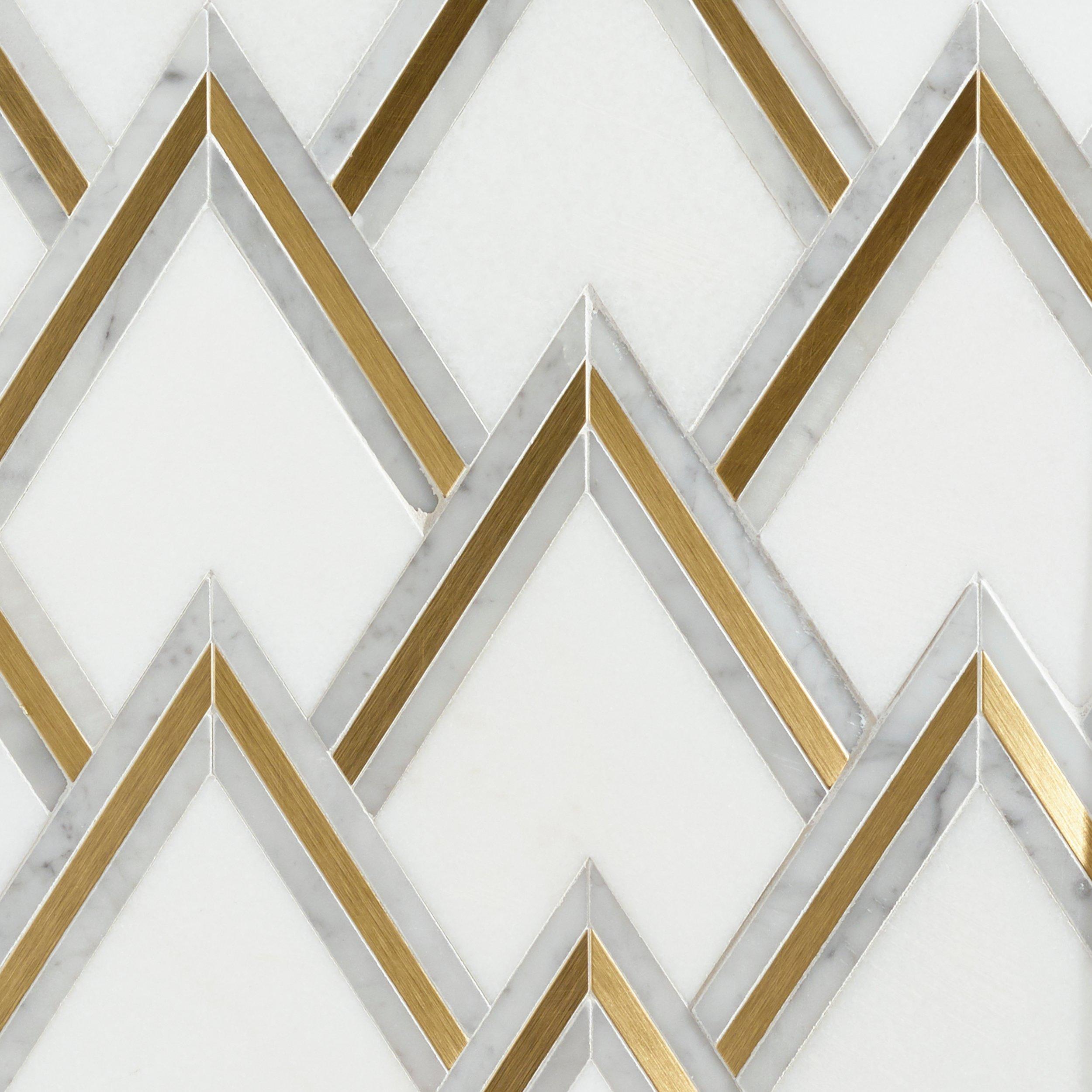 Viviano Bravos Ii Thassos Carrara Brass Waterjet Mosaic Tile 14 X 16 White Marble 13 Inch