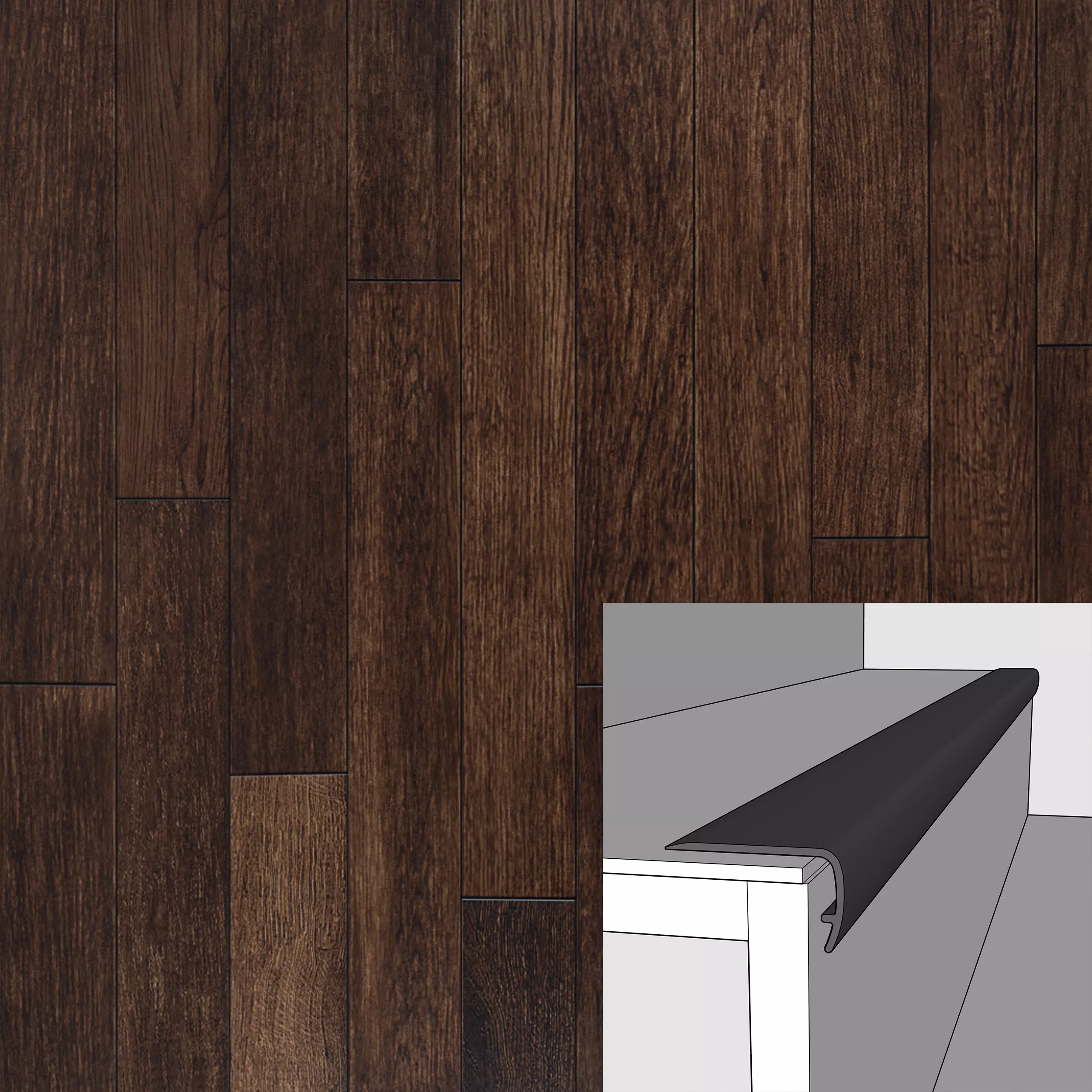 Mocha Pecan 94in. Vinyl Overlapping Stair Nose | Floor and Decor