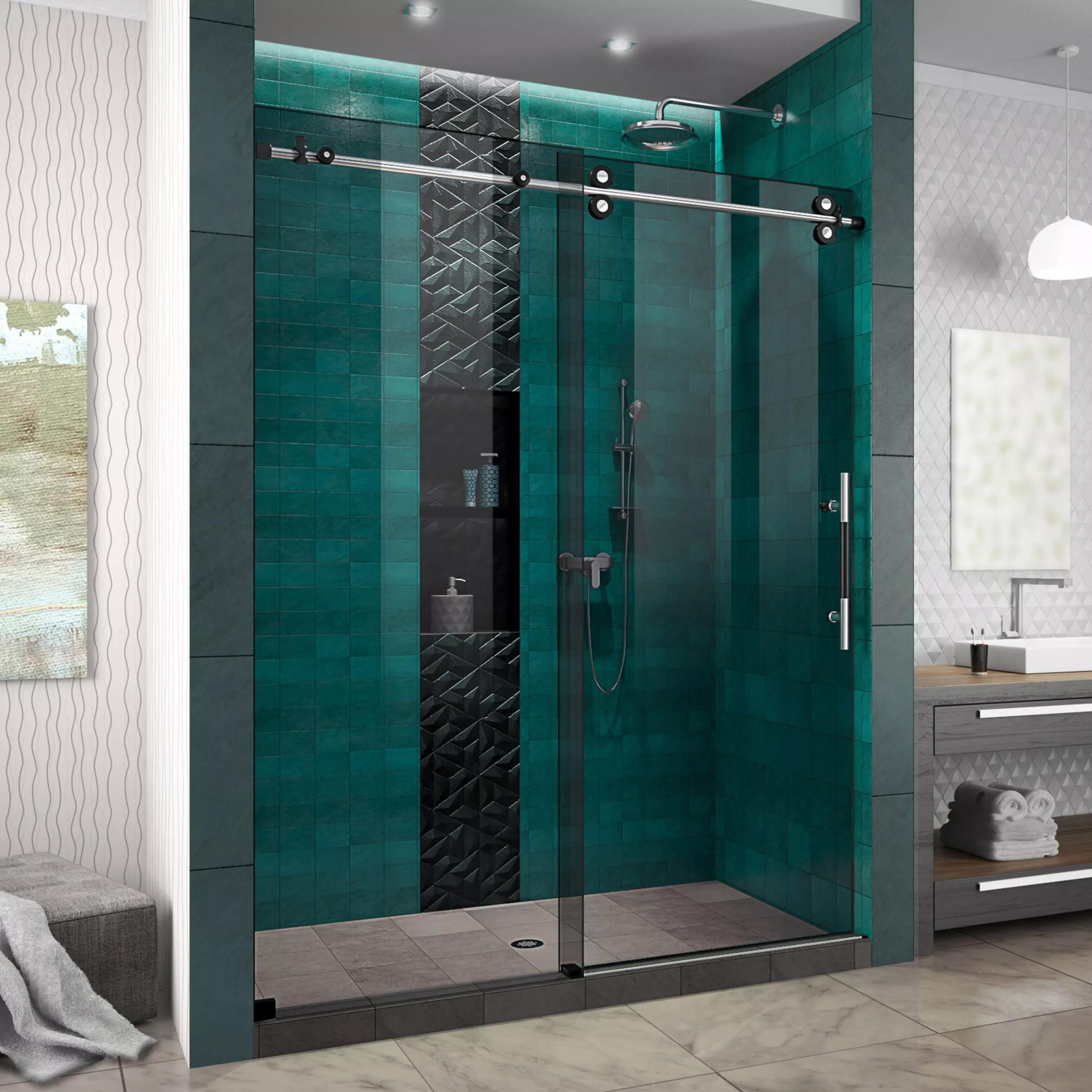 Enigma-XO Polished Tuxedo Frameless Sliding Glass Shower Door/Smoke ...