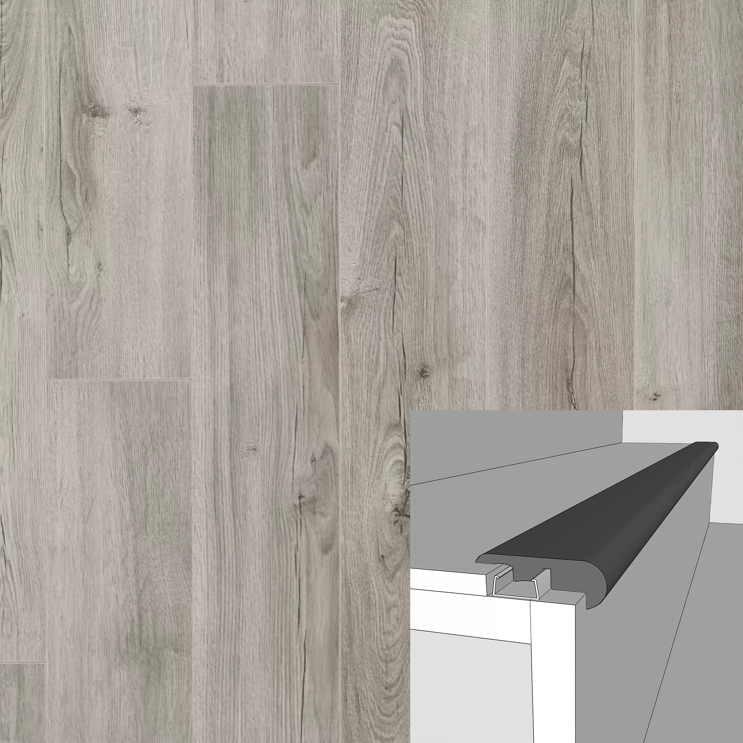 Gracious Gray 94in. Laminate Overlapping Stair Nose | Floor and Decor
