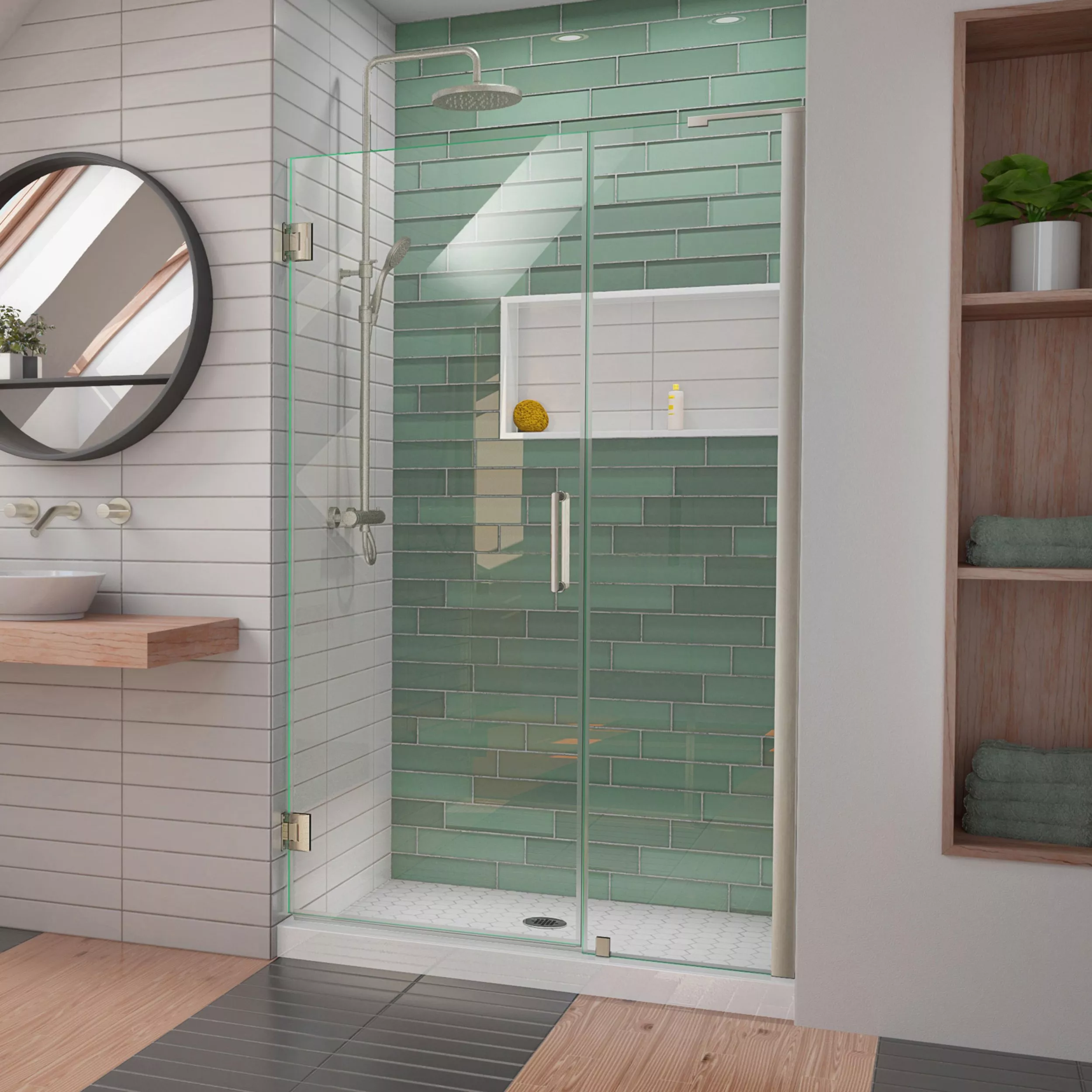 Unidoor-LS Brushed Nickel Hinged Shower Door | Floor and Decor