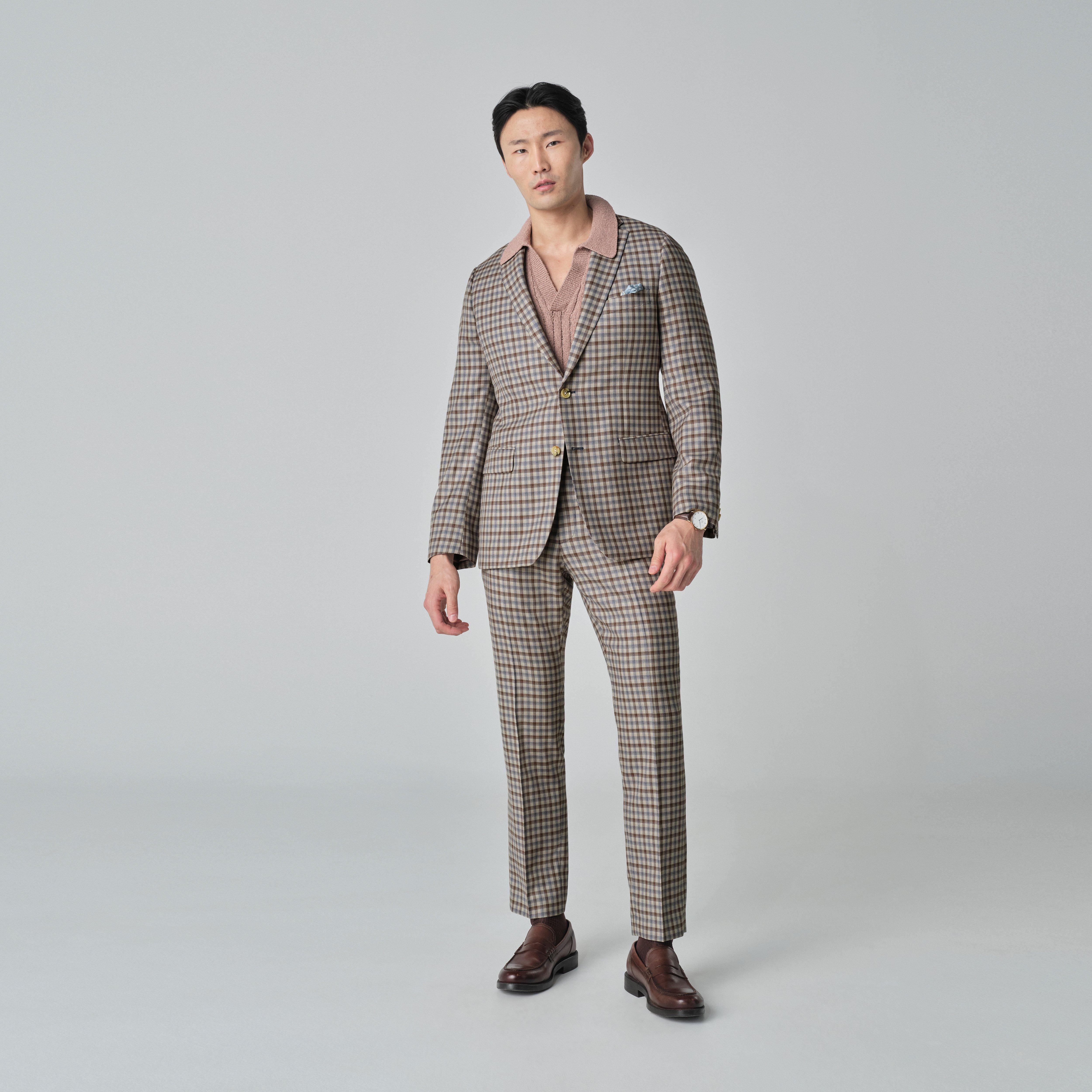 Custom Suits Made For You - Milazzo Check Cream with Stone Blue Suit ...