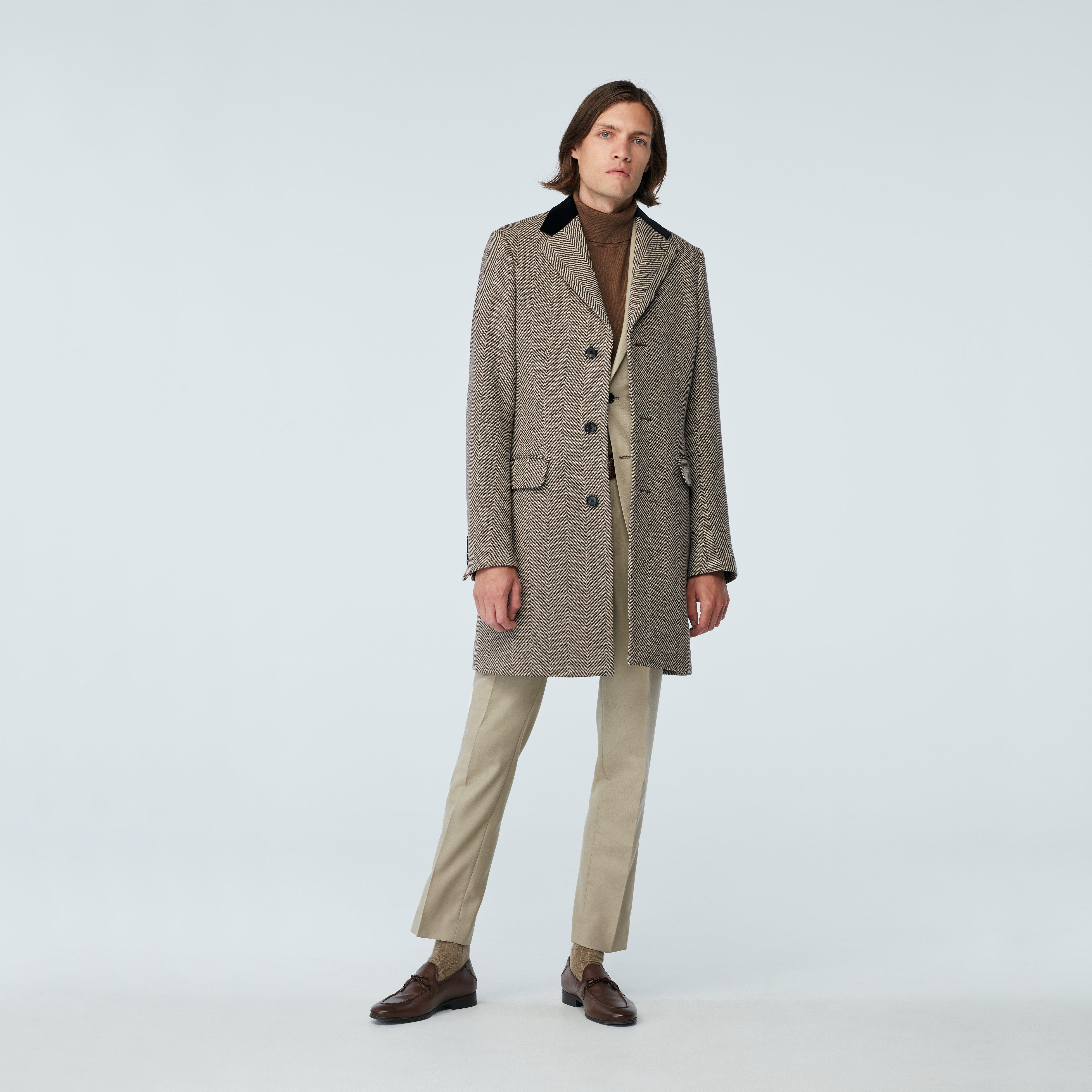 Men's Custom Overcoats - Malta Wide Herringbone Wool Stretch Brown ...