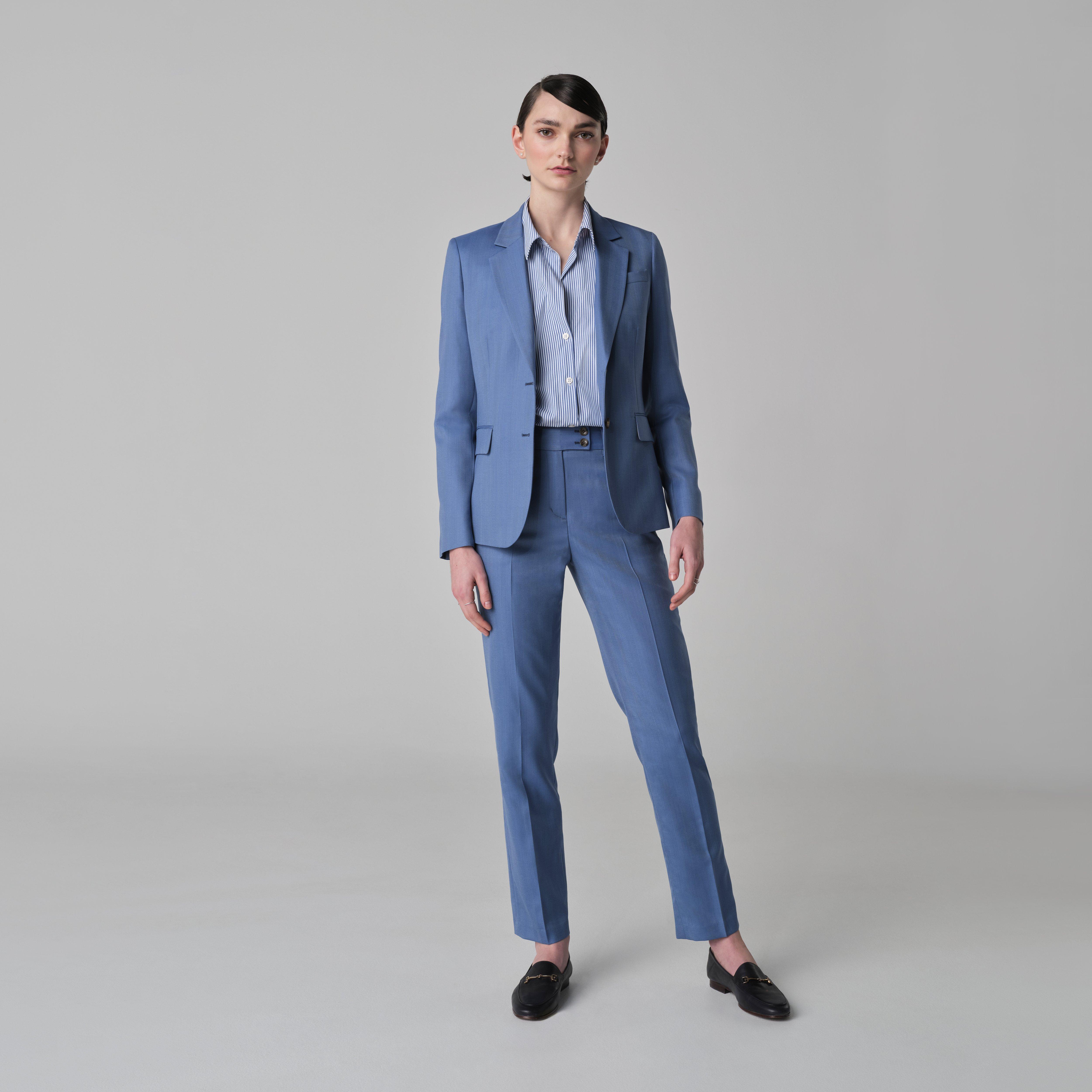 Women's Custom Suits - Modica Herringbone Light Blue Suit Women| INDOCHINO