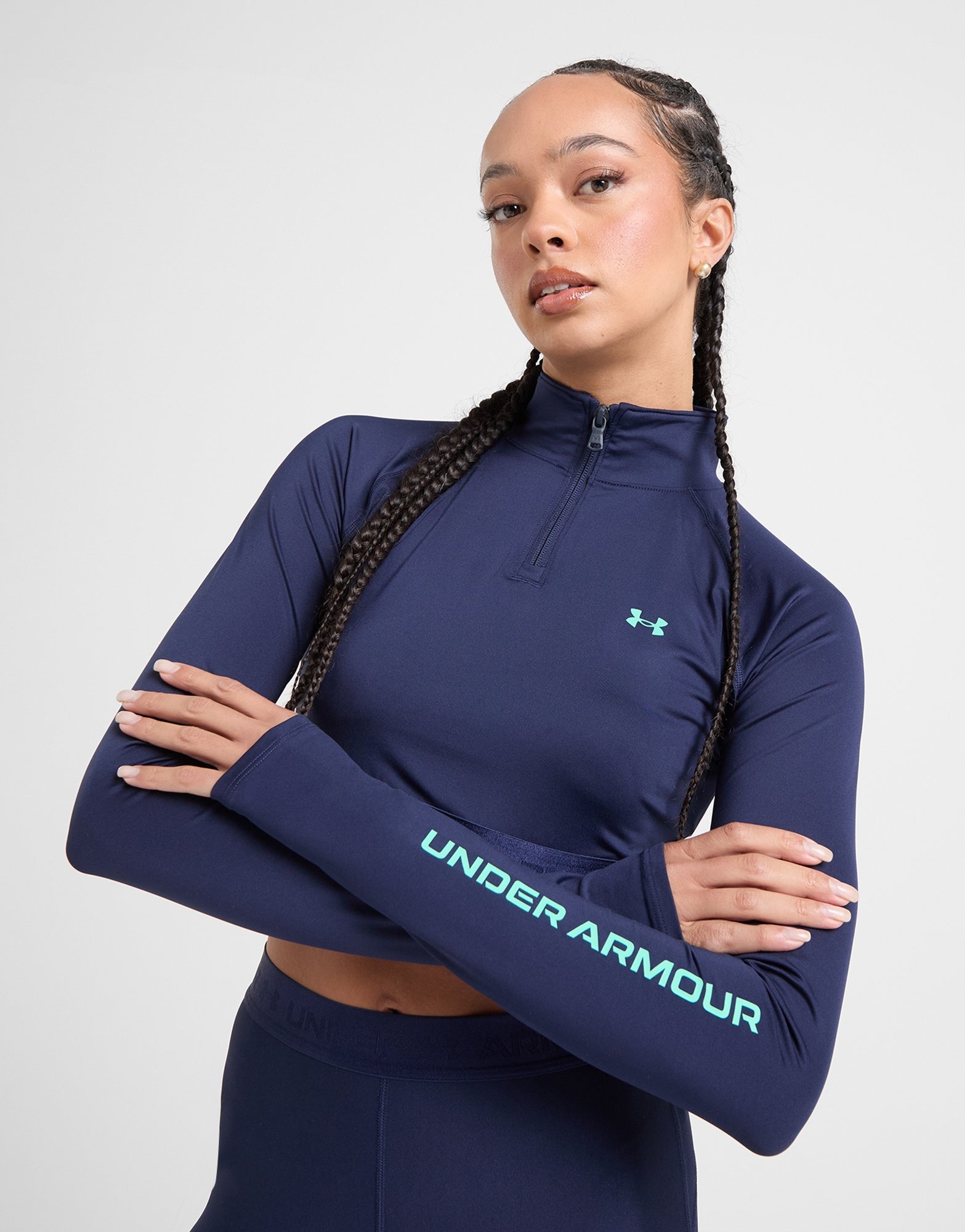 Blue Under Armour HeatGear Wordmark 1/4 Zip Crop Top - JD Sports NZ