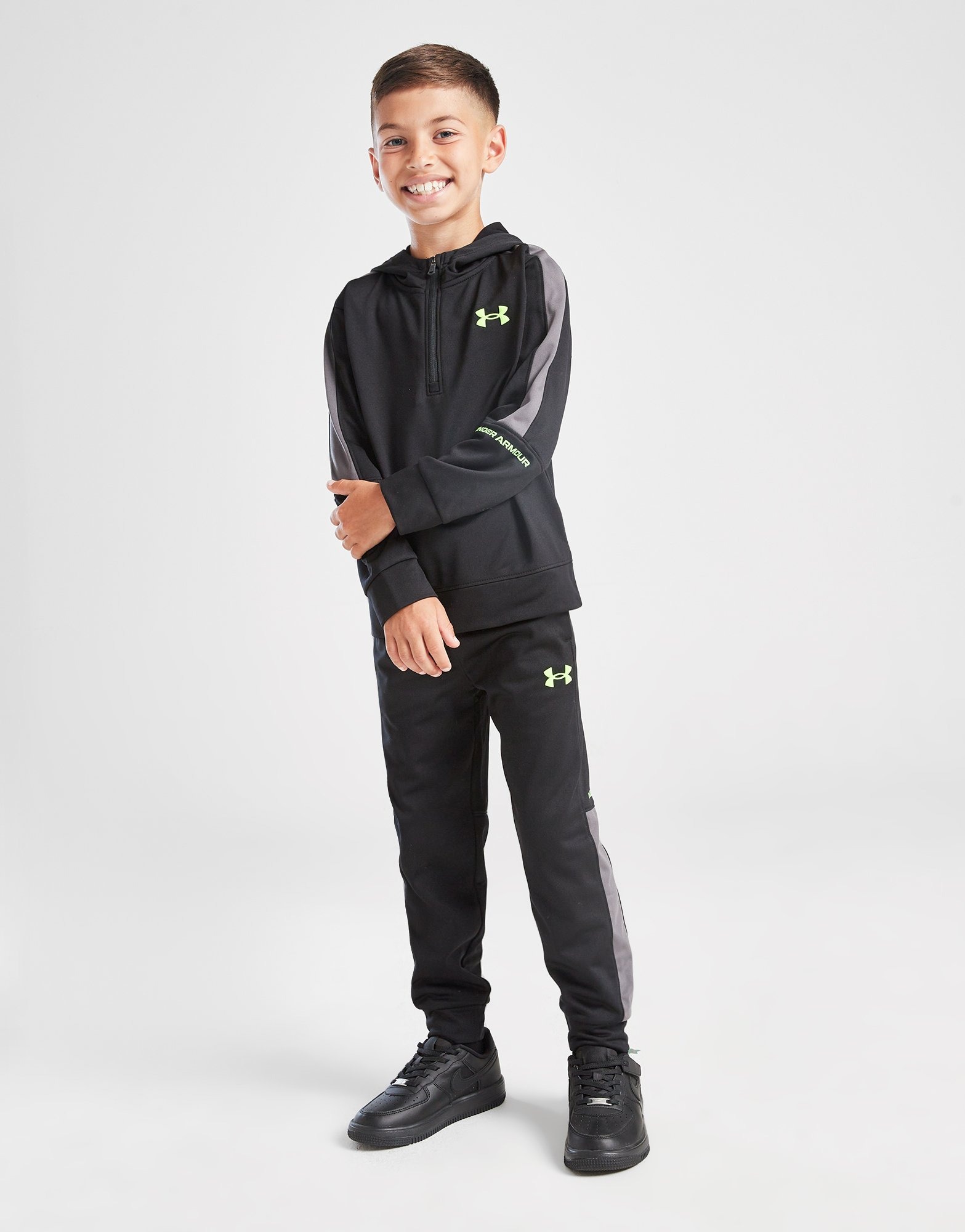 Black Under Armour Poly Colour Block 1/4 Zip Tracksuit Children | JD ...