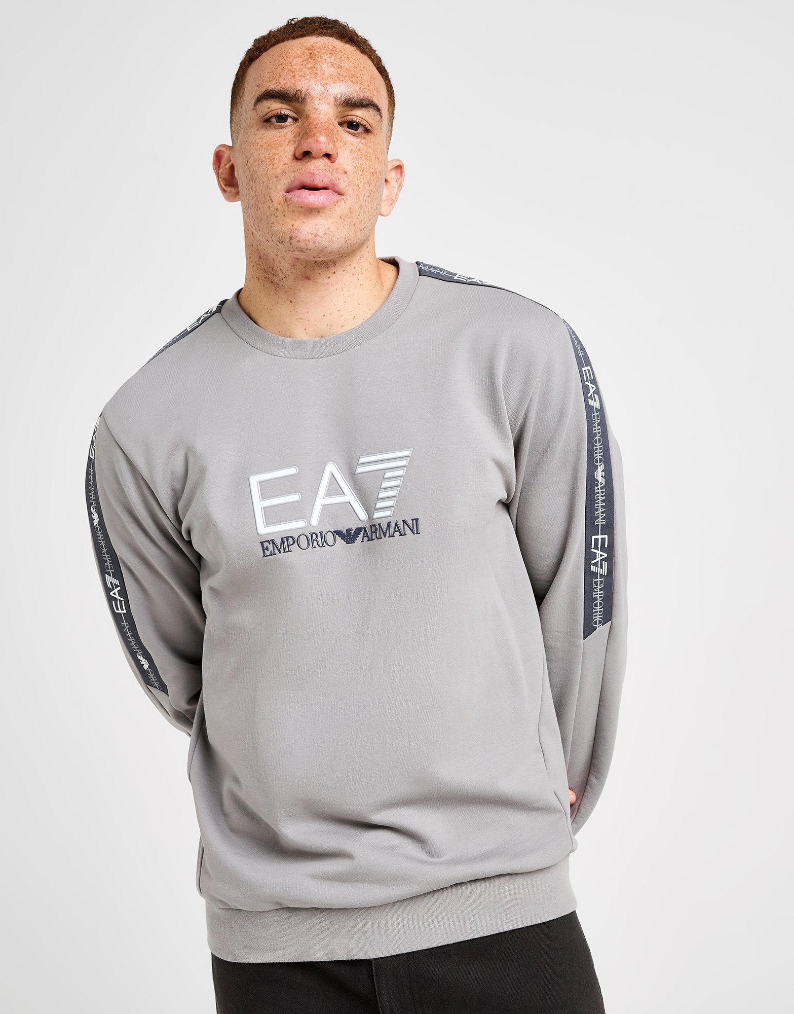 Grey EA7 Emporio Armani Tape Large Logo Crew Sweatshirt - JD Sports Ireland
