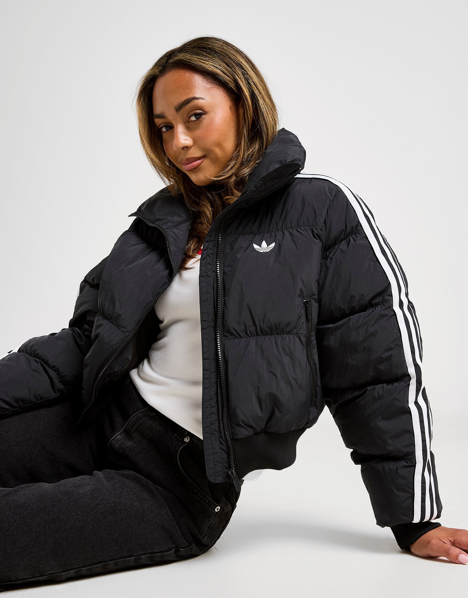 Black adidas Originals 3-Stripes Cropped Padded Jacket | JD Sports UK