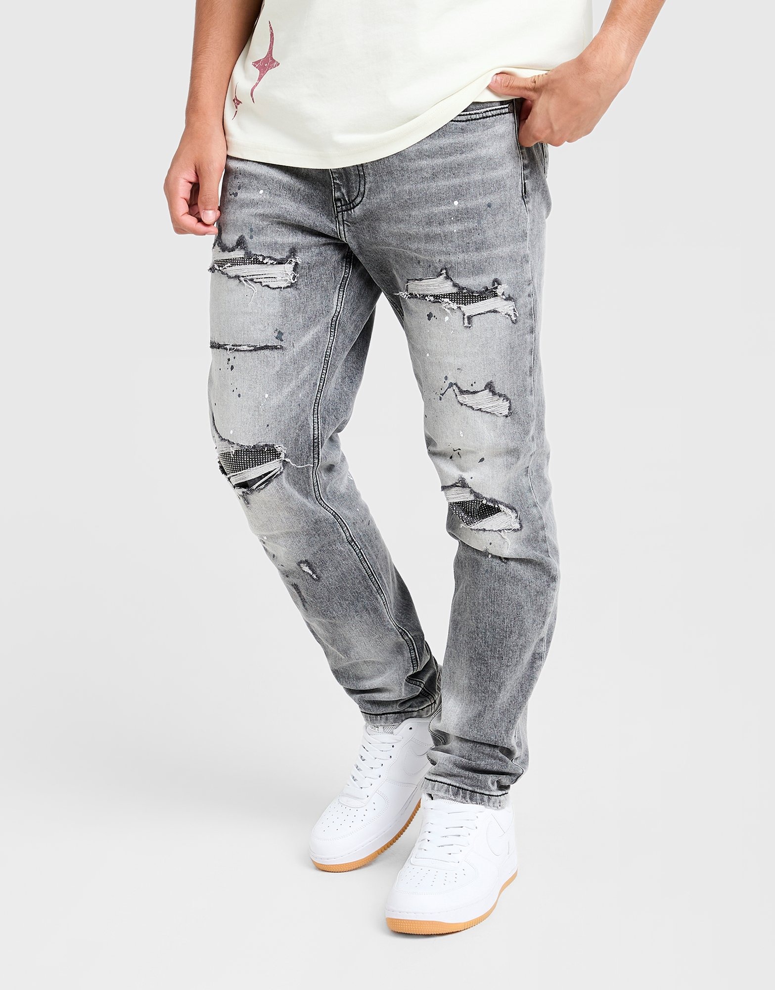 Blue Supply & Demand Rhinestone Slim Ripped Jeans - JD Sports Australia