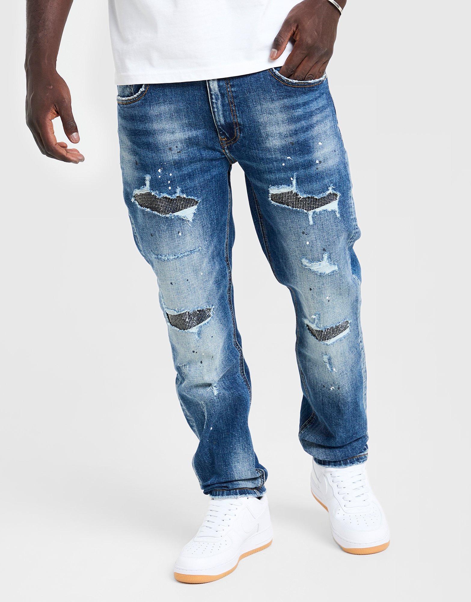 Blue Supply & Demand Rhinestone Slim Ripped Jeans | JD Sports UK