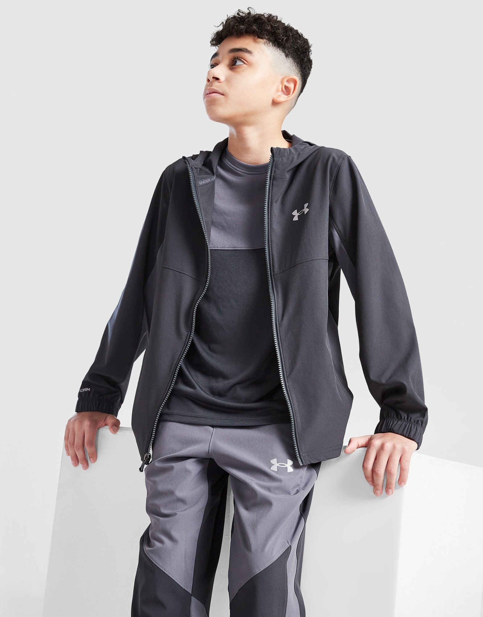 Grey Under Armour UA Storm Hybrid Full Zip Woven Jacket Junior | JD ...