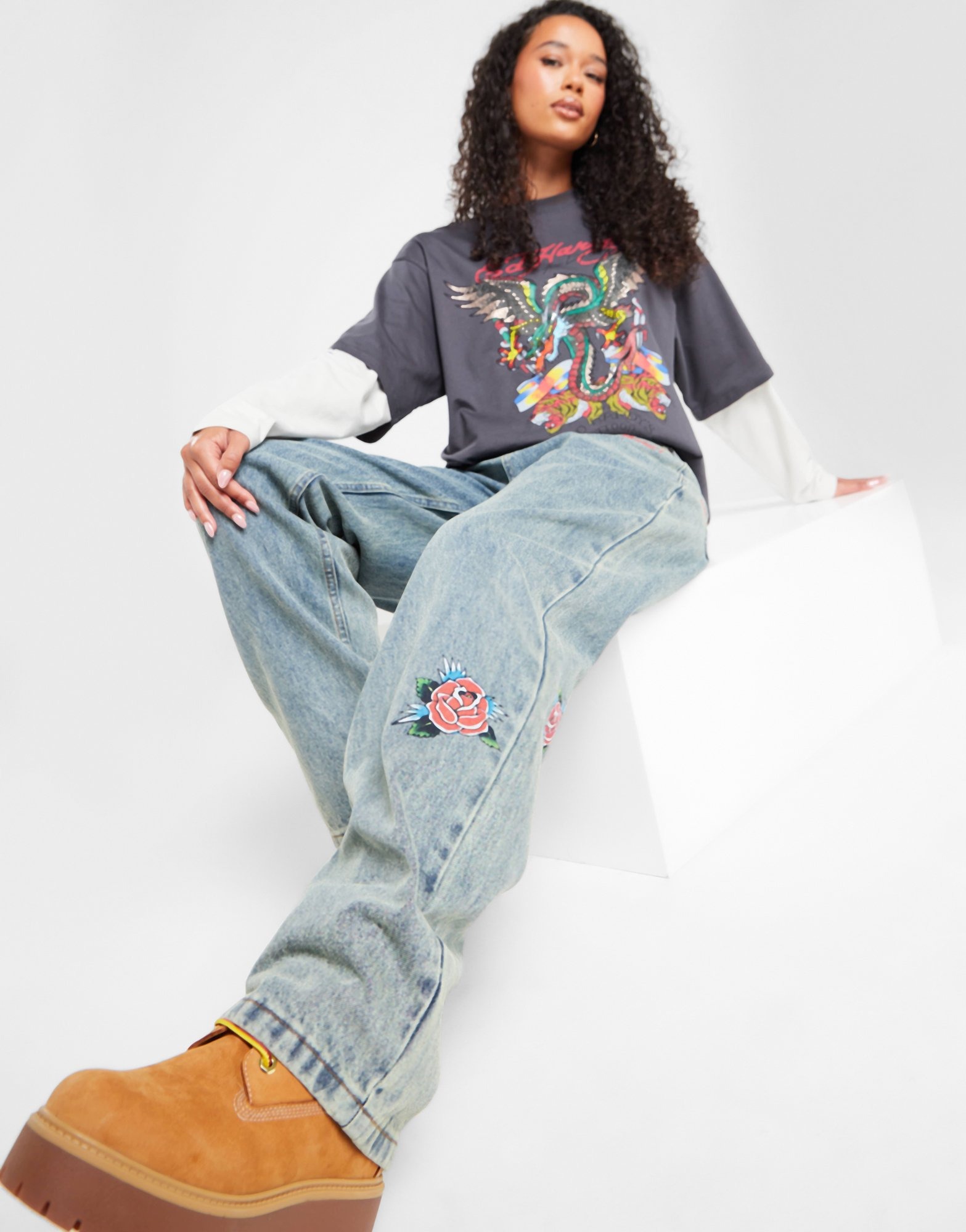 Ed Hardy Bloom Skull Relax Jeans Blau - JD Sports Österreich