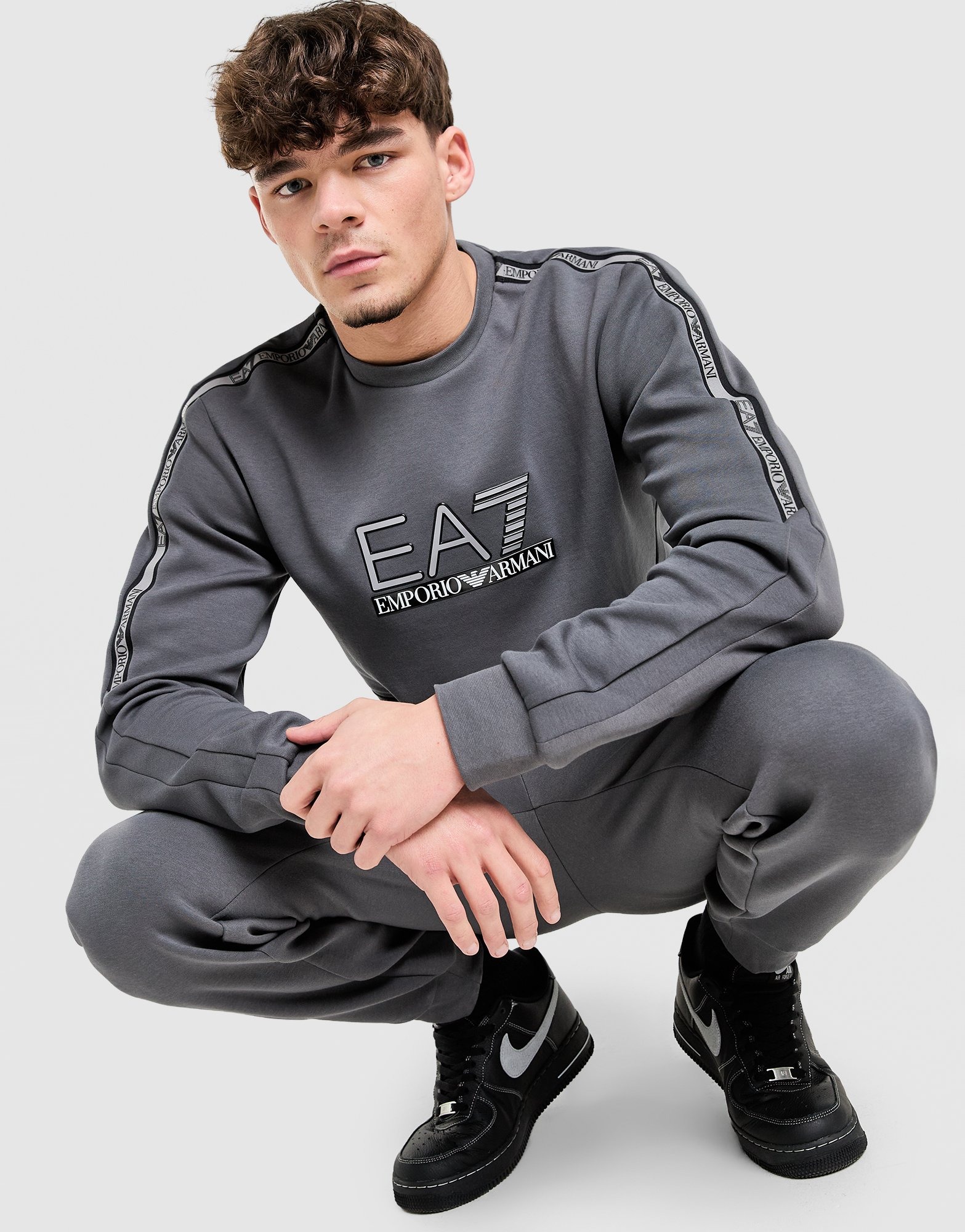Grey EA7 Emporio Armani Tape Logo Crew Sweatshirt | JD Sports UK