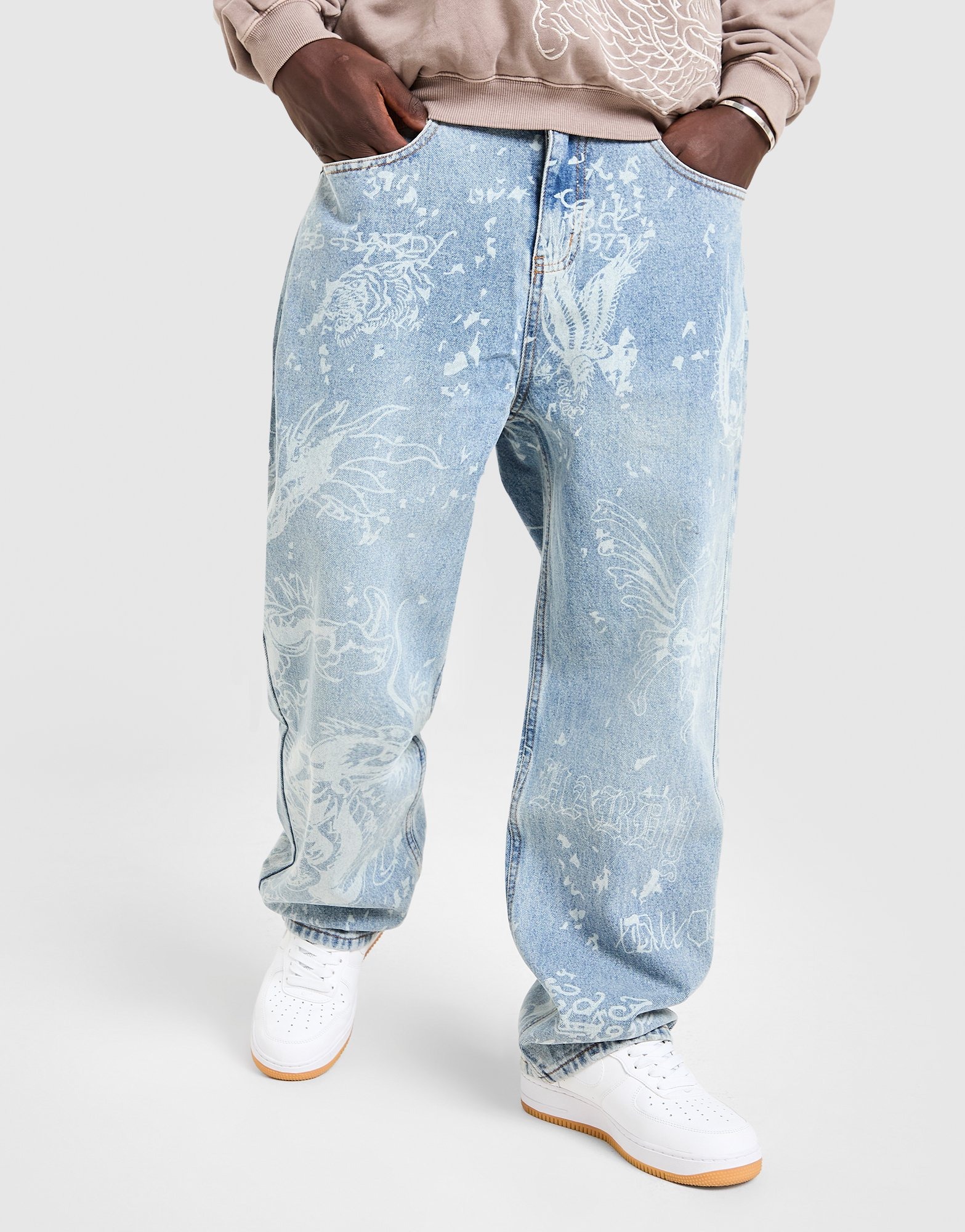 Blue Ed Hardy Dragon All Over Print Jeans - JD Sports België