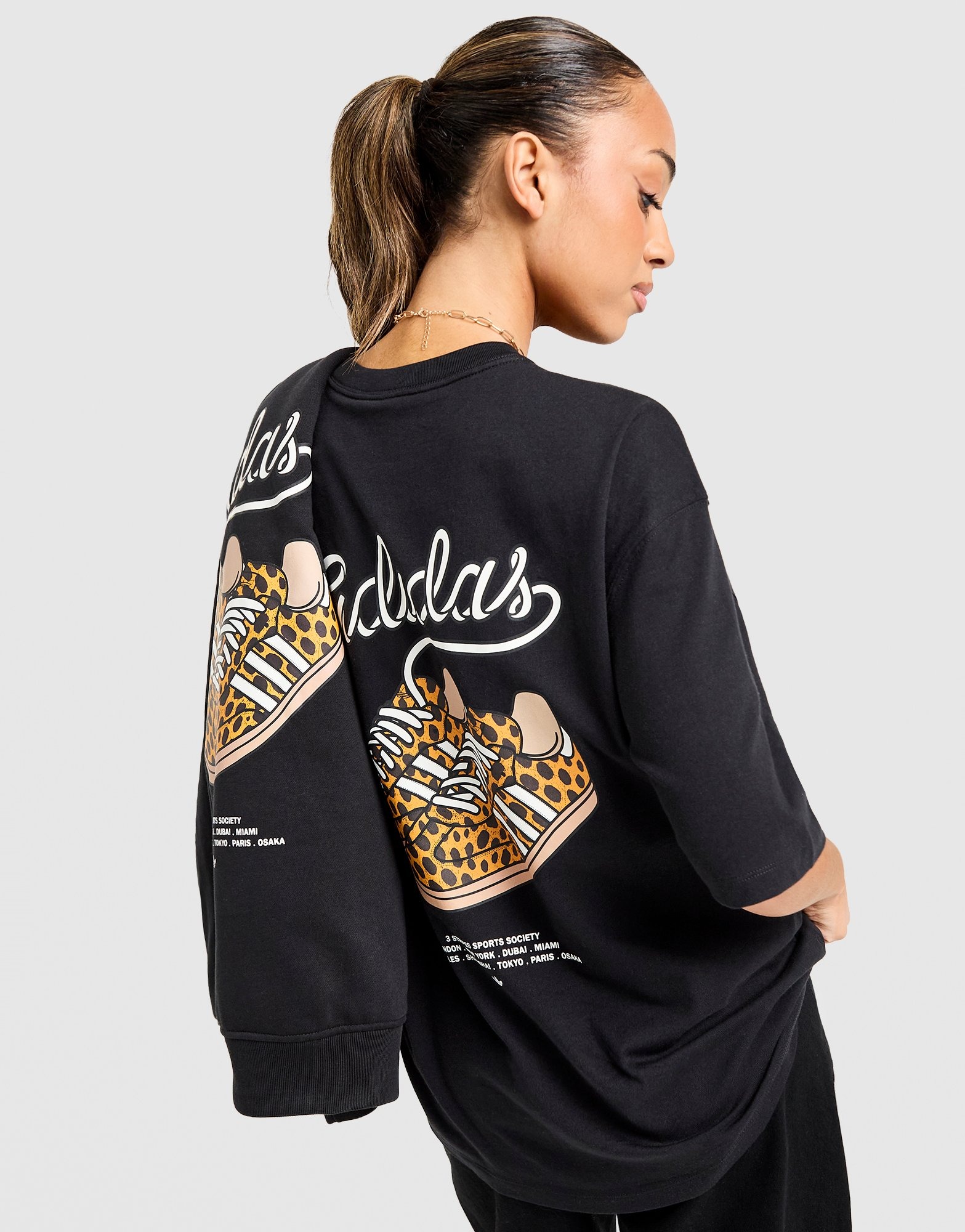 Black adidas Originals Leopard Print Samba Boyfriend T-Shirt - JD ...
