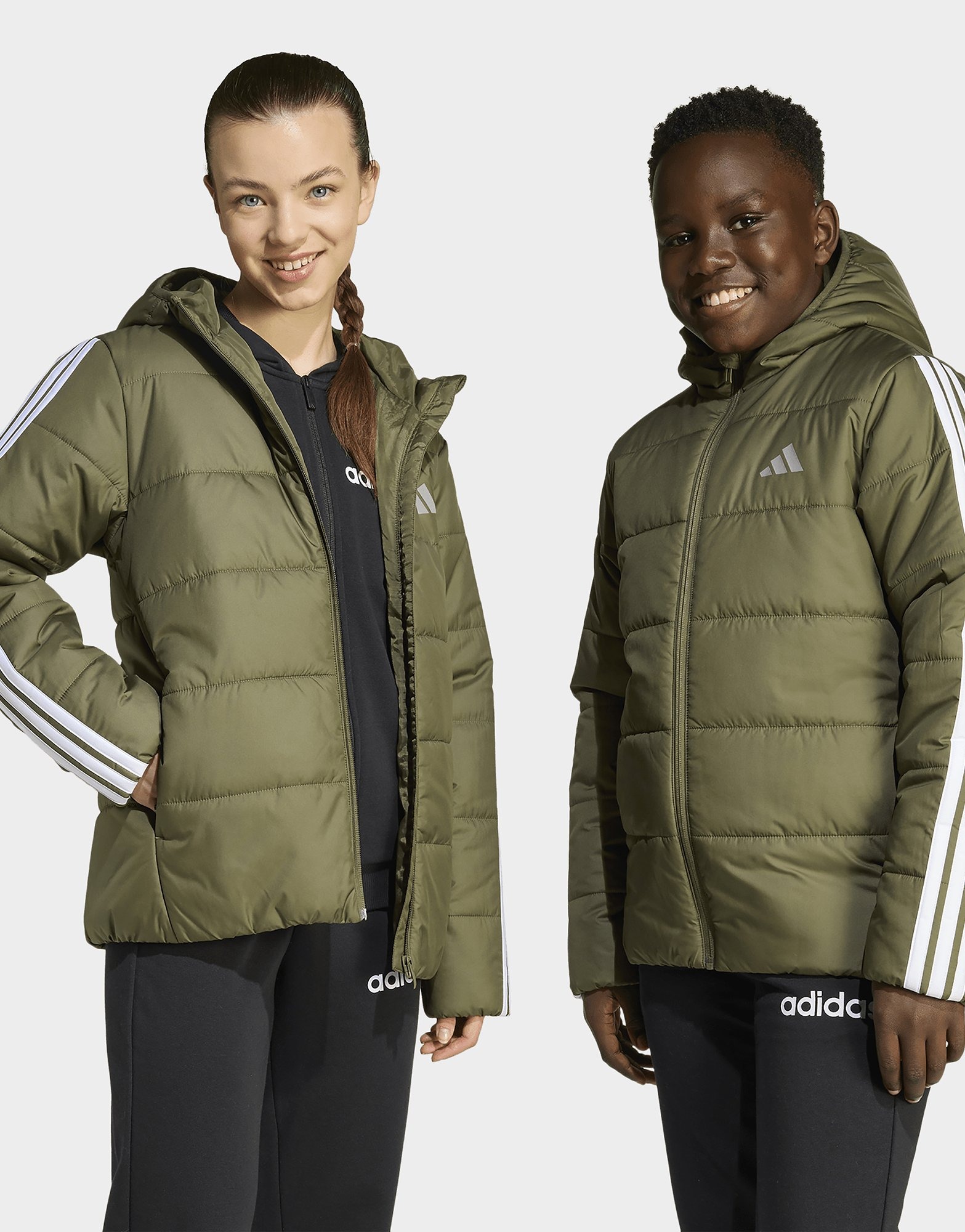 adidas Essentials 3-Streifen gefütterte Kinderjacke Grün - JD Sports ...