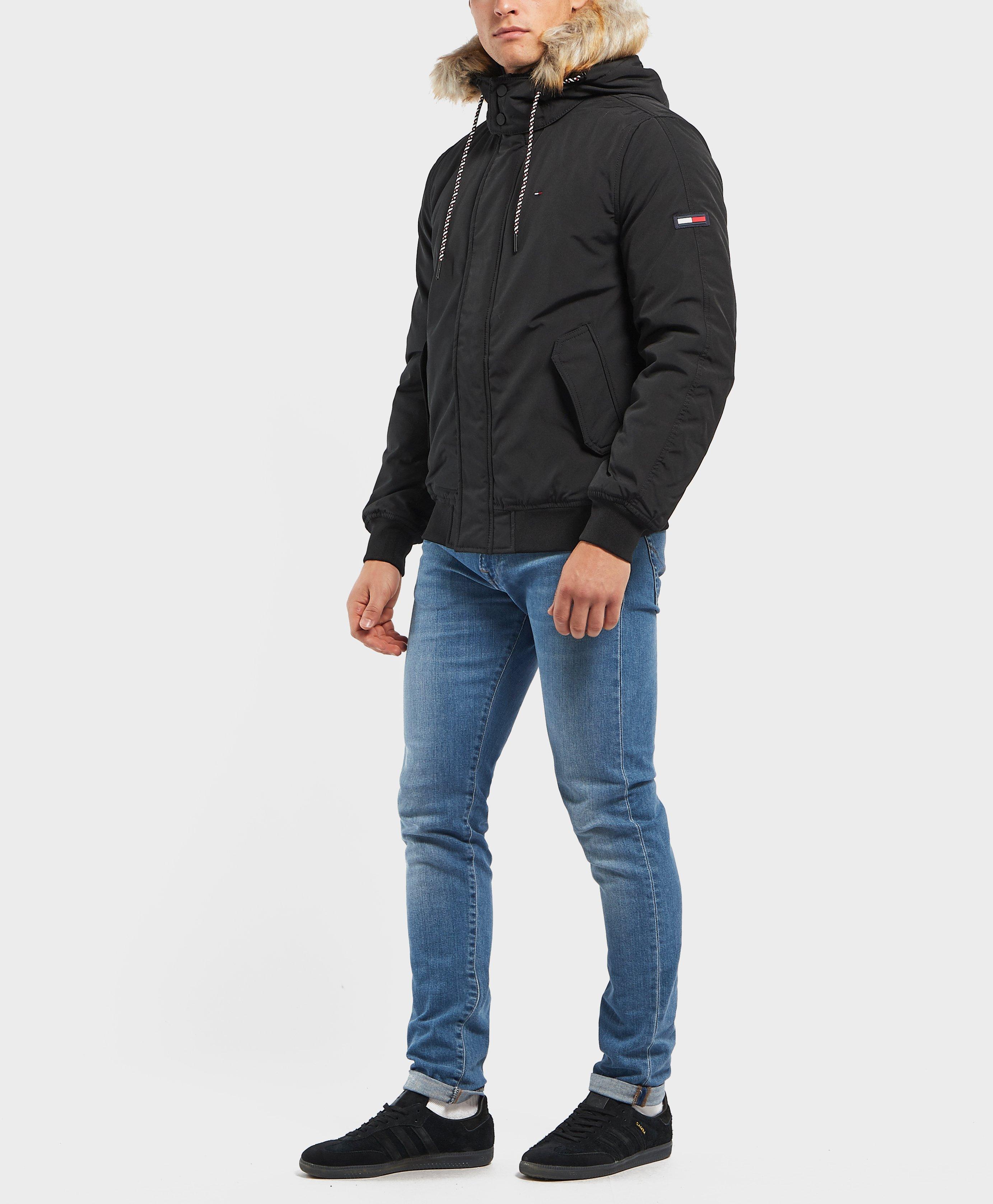 Tommy jeans technical quilted bomber jacket faux fur trim hood in black store