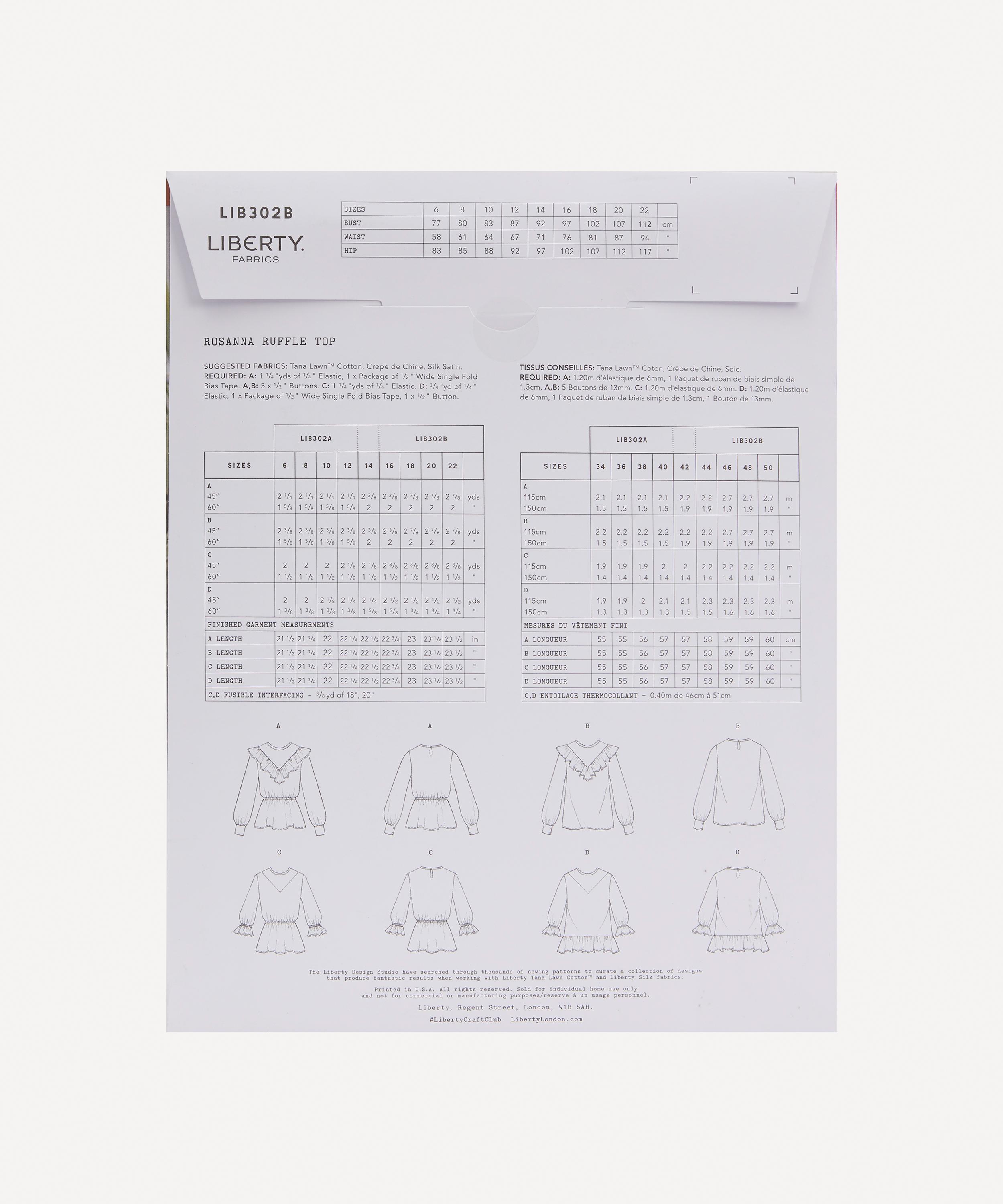 Liberty Fabrics Rosanna Ruffle Top Sewing Pattern Size 14-22 | Liberty
