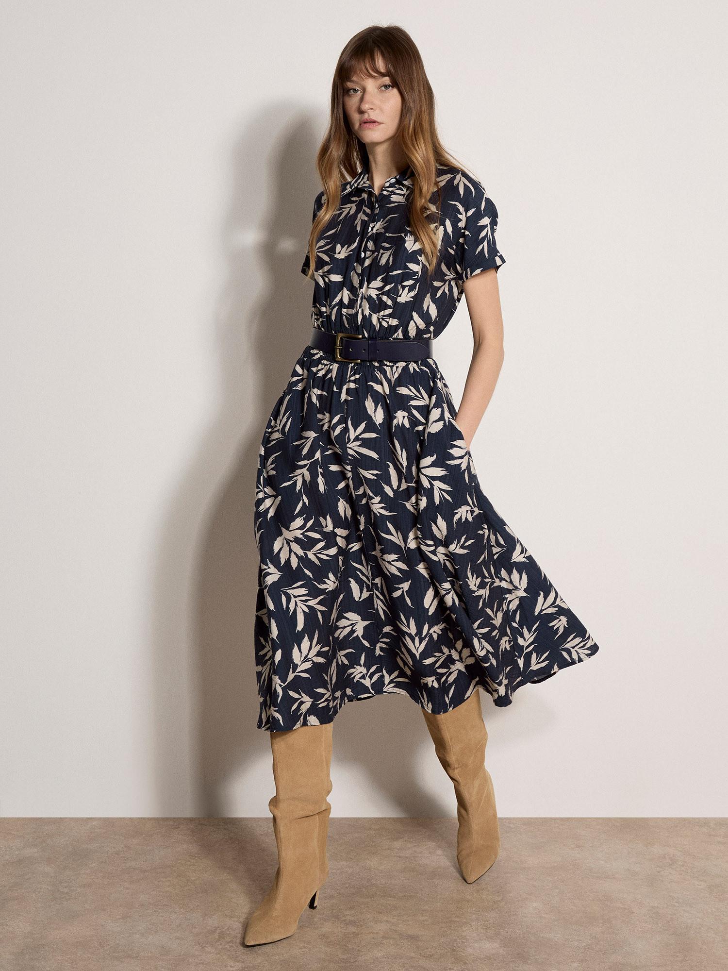 Robe mi-longue à motif de feuilles texturées XS | MANOR