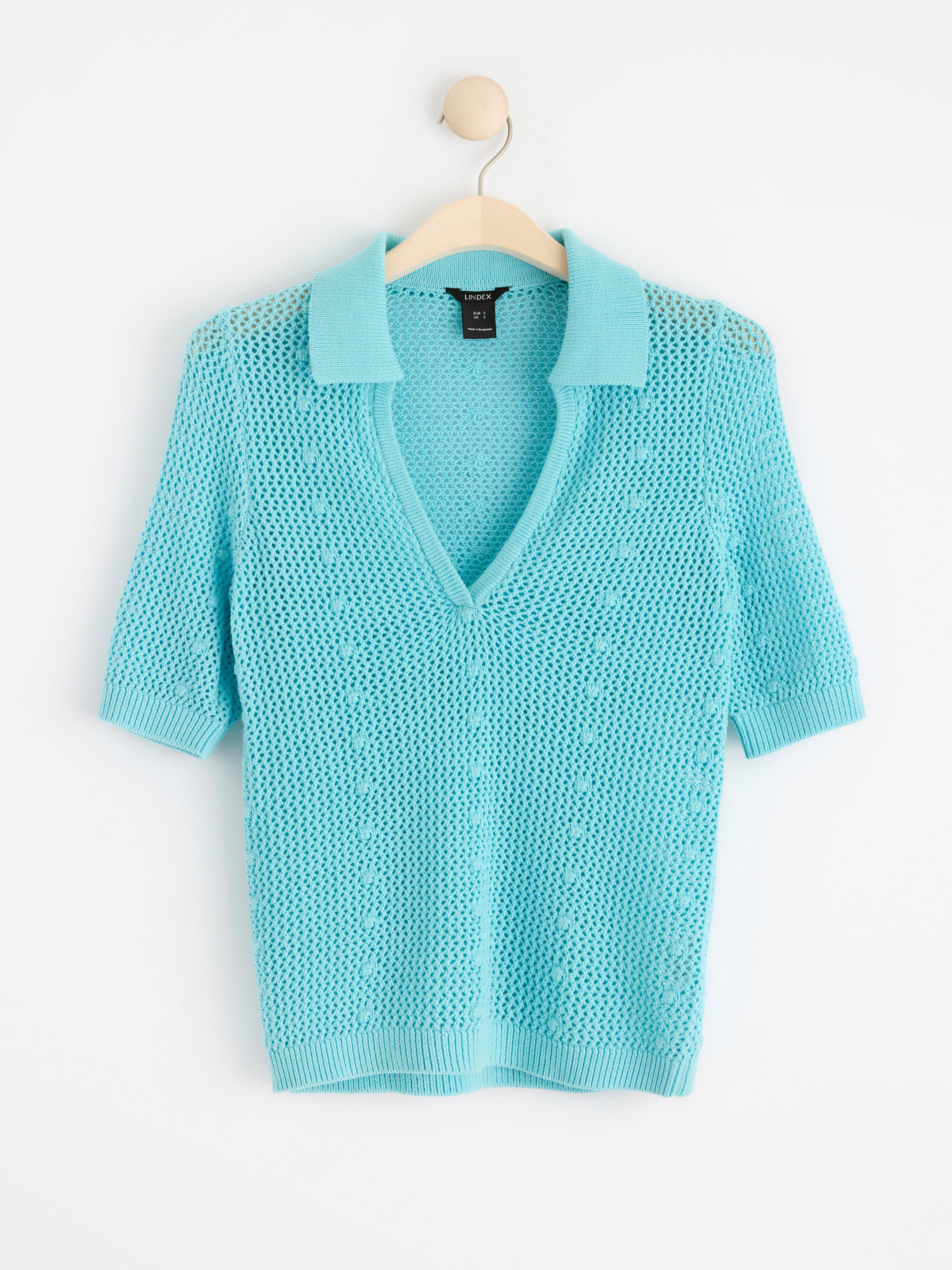 Knitted short sleeve top with collar | Lindex Estonia