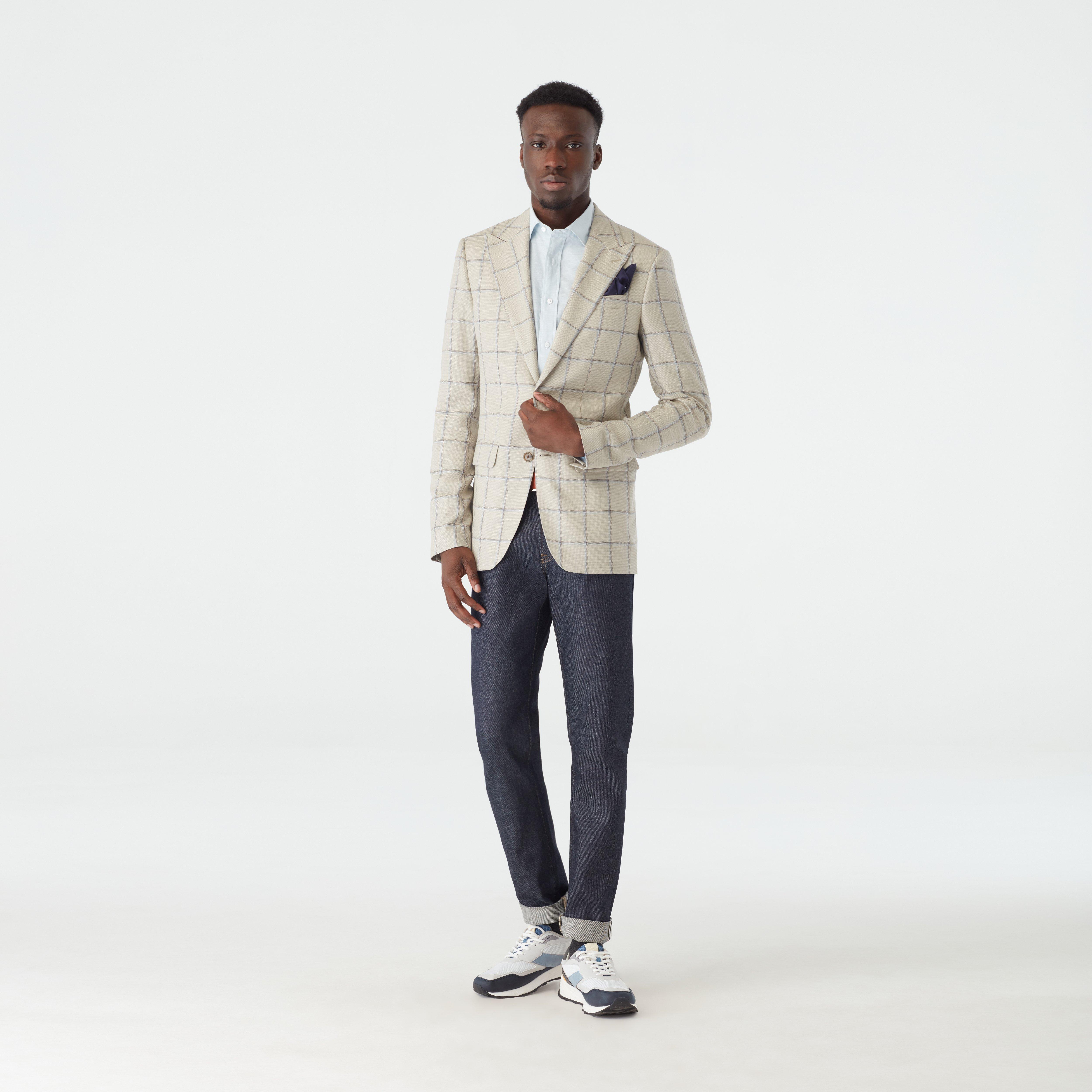 Custom Blazers Made For You - Milazzo Windowpane Cream with Stone Blue ...