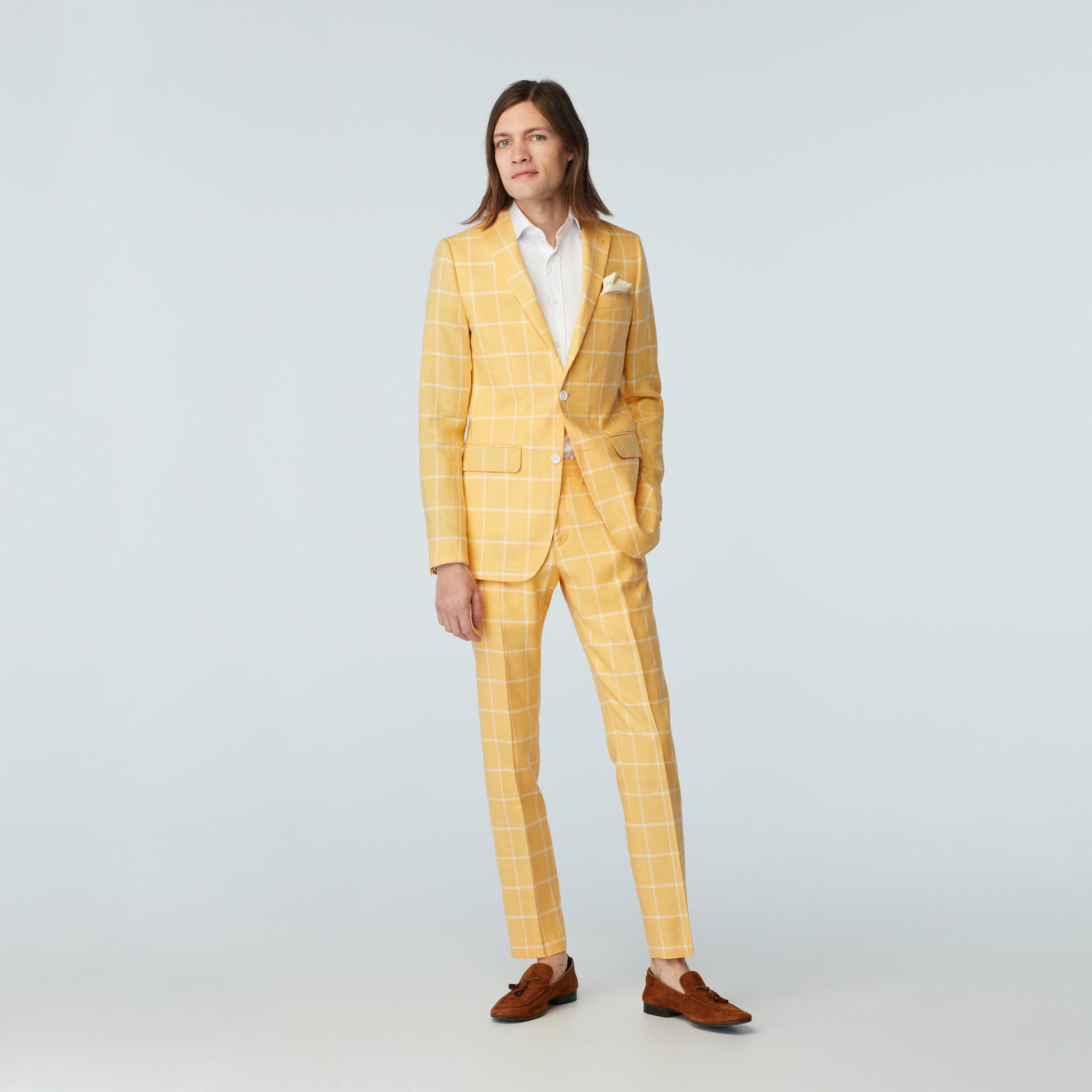 Custom Blazers Made For You - Madesimo Linen Windowpane Yellow Blazer ...
