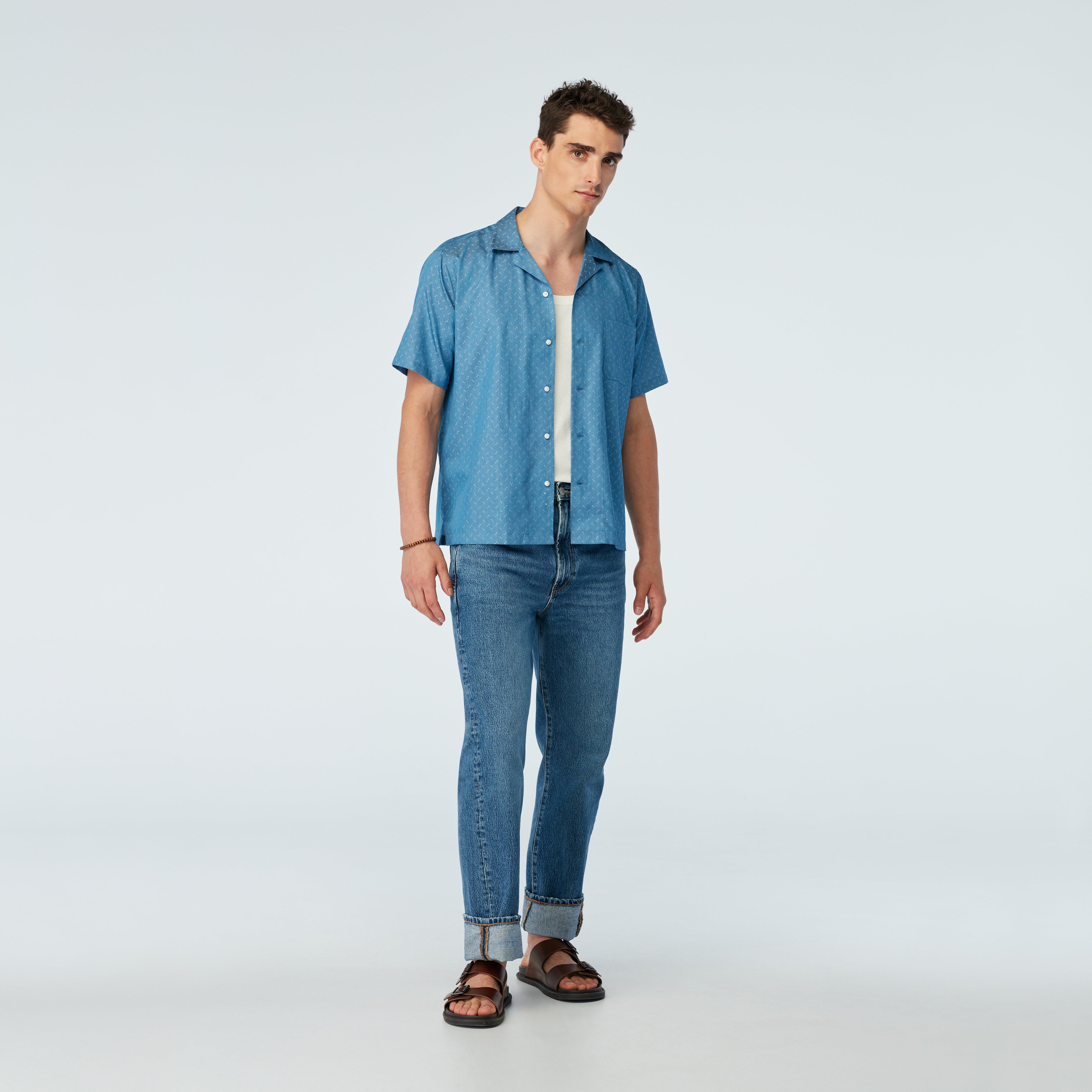 Men's Camp Shirts - Lea Floral Print Washed Blue Camp Shirt | INDOCHINO