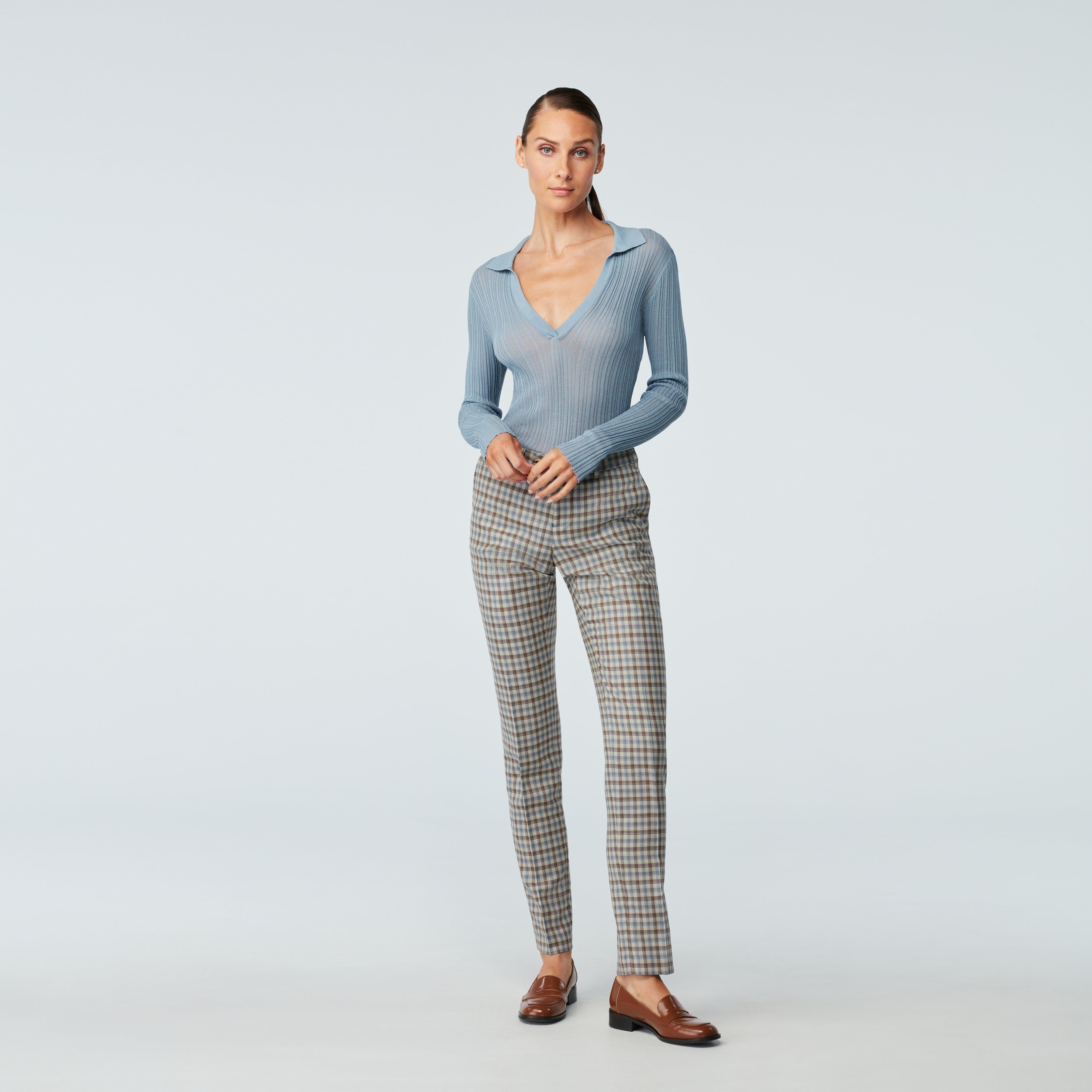 Custom Pants Made For You - Milazzo Check Cream with Stone Blue Pants ...