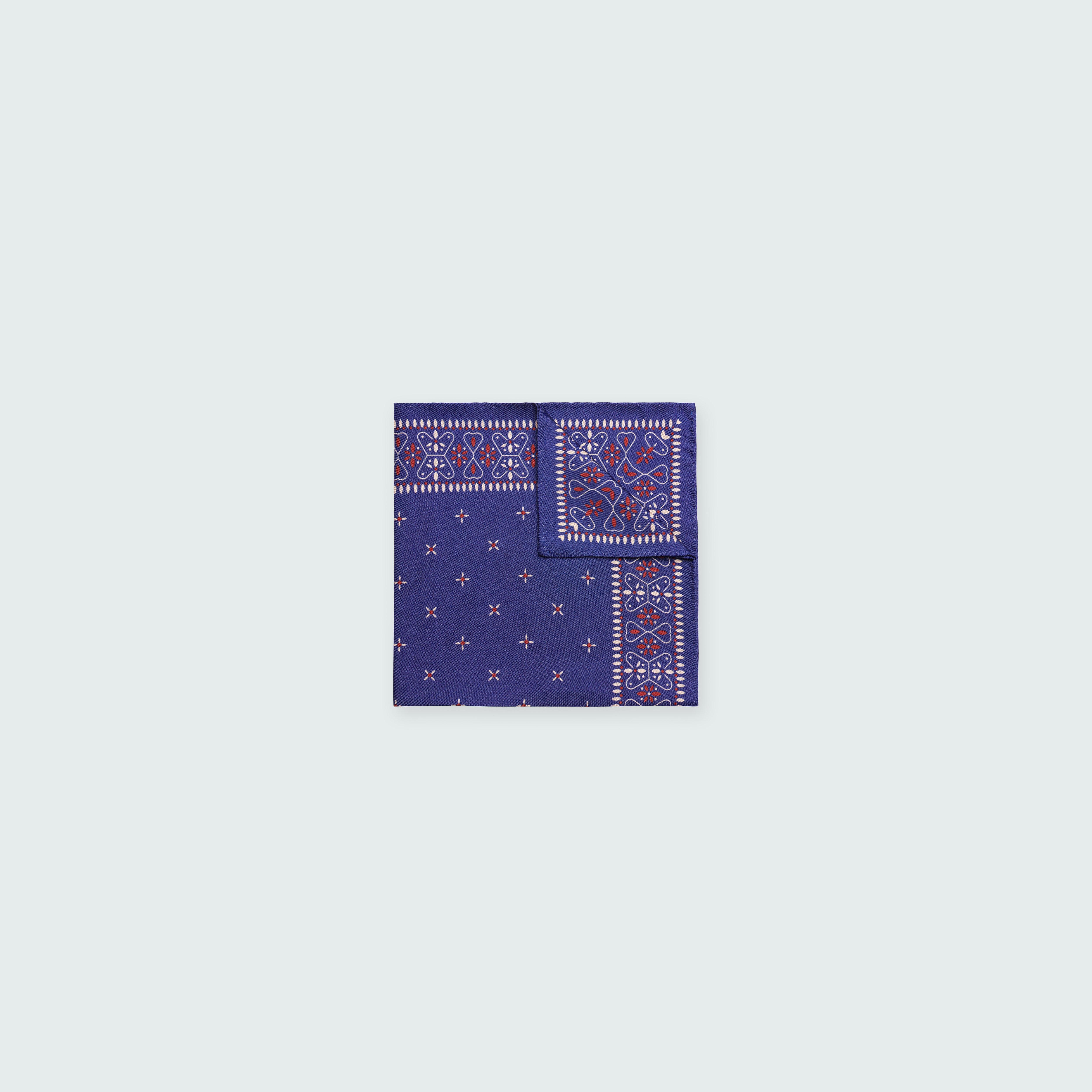 Navy Multi Patterned Frame Silk Pocket Square